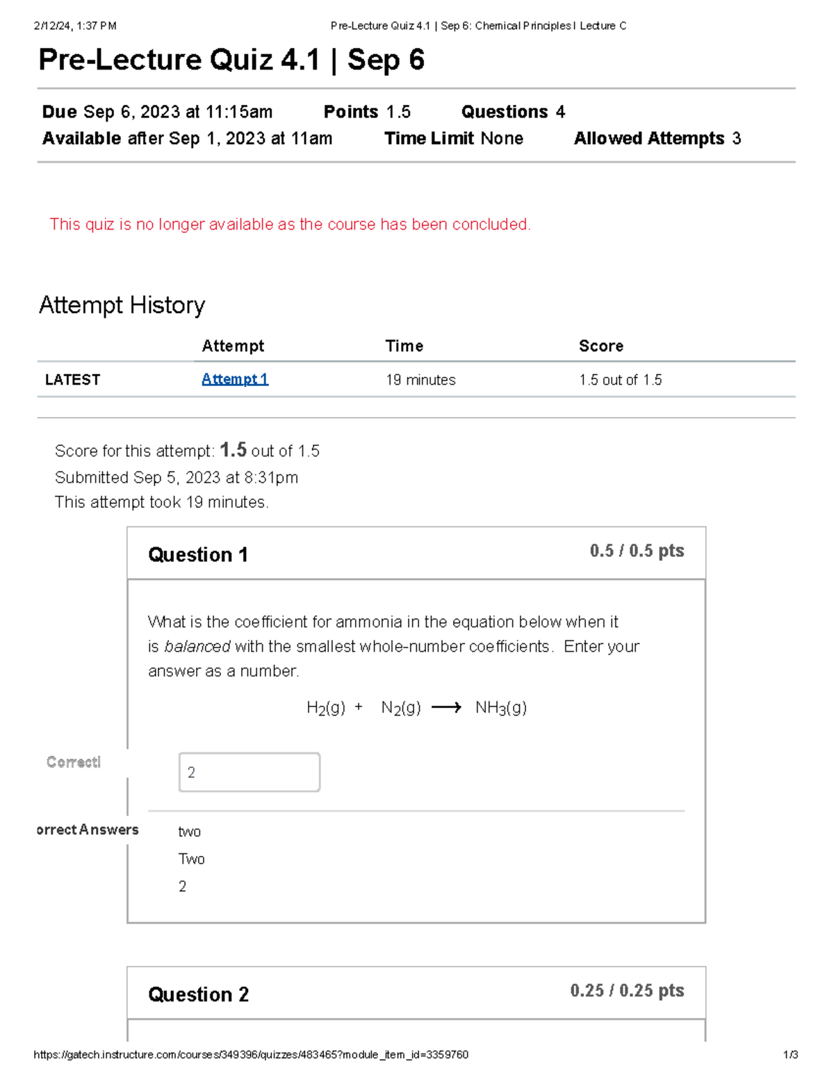 Pre-Lecture Quiz 4.1 Sep 6 Chemical Principles I Lecture C - 2/12/24, 1:37 PM Pre-Lecture Quiz 4 ...