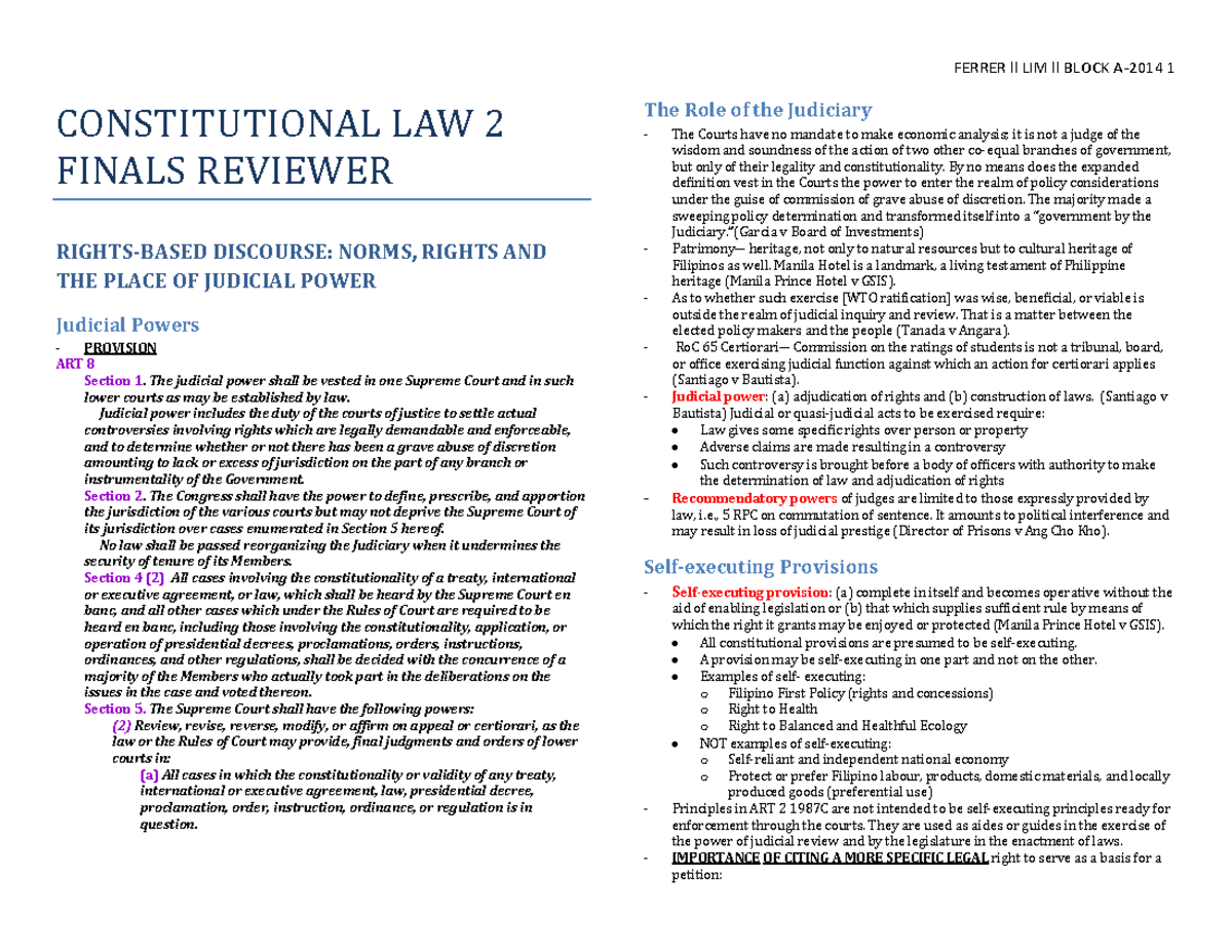Con Law II Outline - CONSTITUTIONAL LAW 2 FINALS REVIEWER RIGHTS-BASED ...