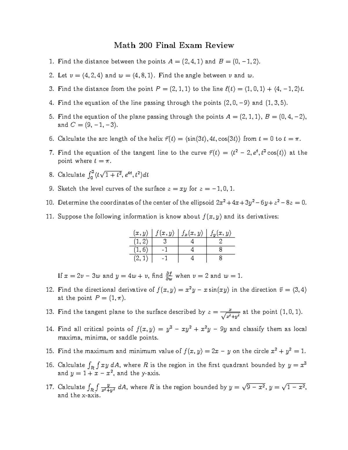 MATH 200 Final Exam Review Q'S - Math 200 Final Exam Review Find the ...