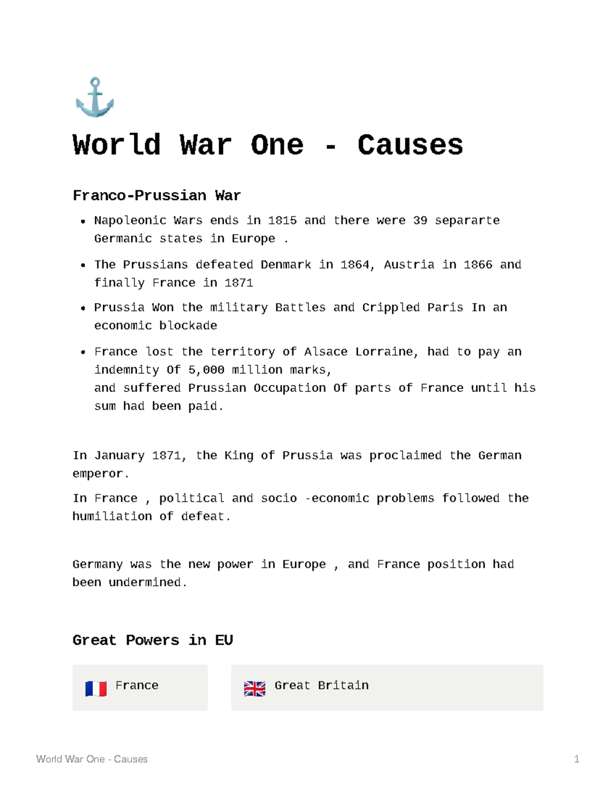 World War One - Causes - HISTORY NOTES - ⚓ World War One - Causes ...