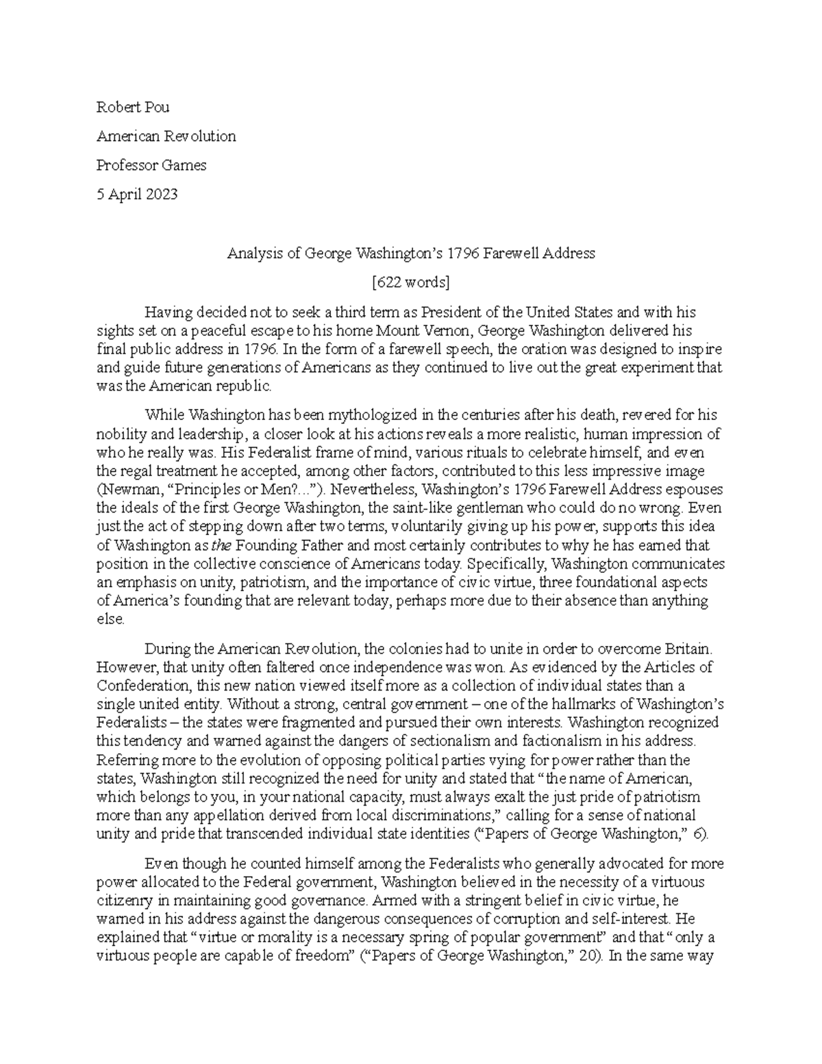 Washington's Farewell Address - Robert Pou American Revolution ...