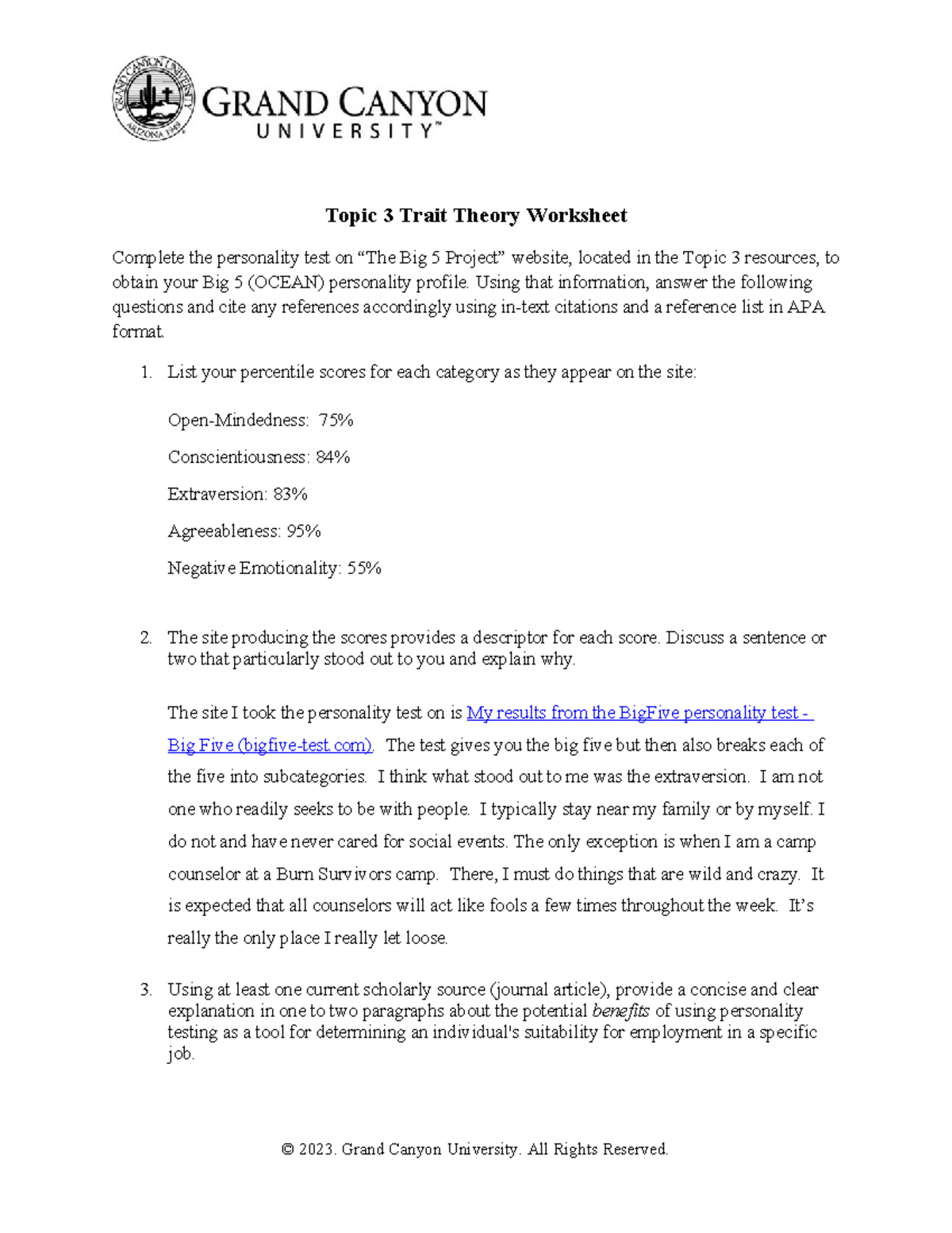 PSY 255 RS T3Trait Theory Worksheet - Topic 3 Trait Theory Worksheet ...