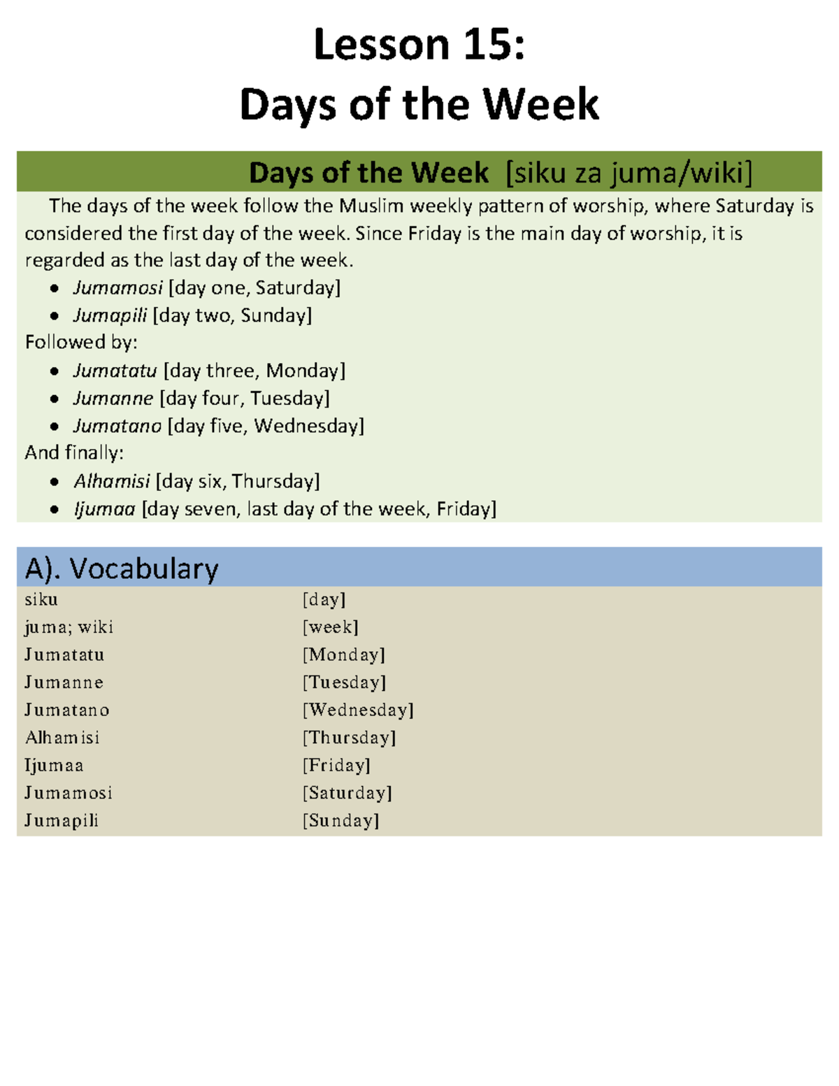 Lesson 15 - Social research - Lesson 15: Days of the Week Days of the ...