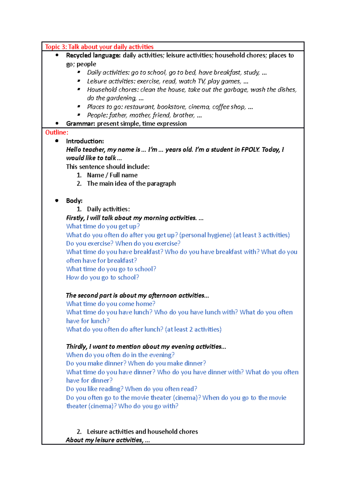 ENT1126 Topic 3 Writing Format - Topic 3: Talk about your daily ...