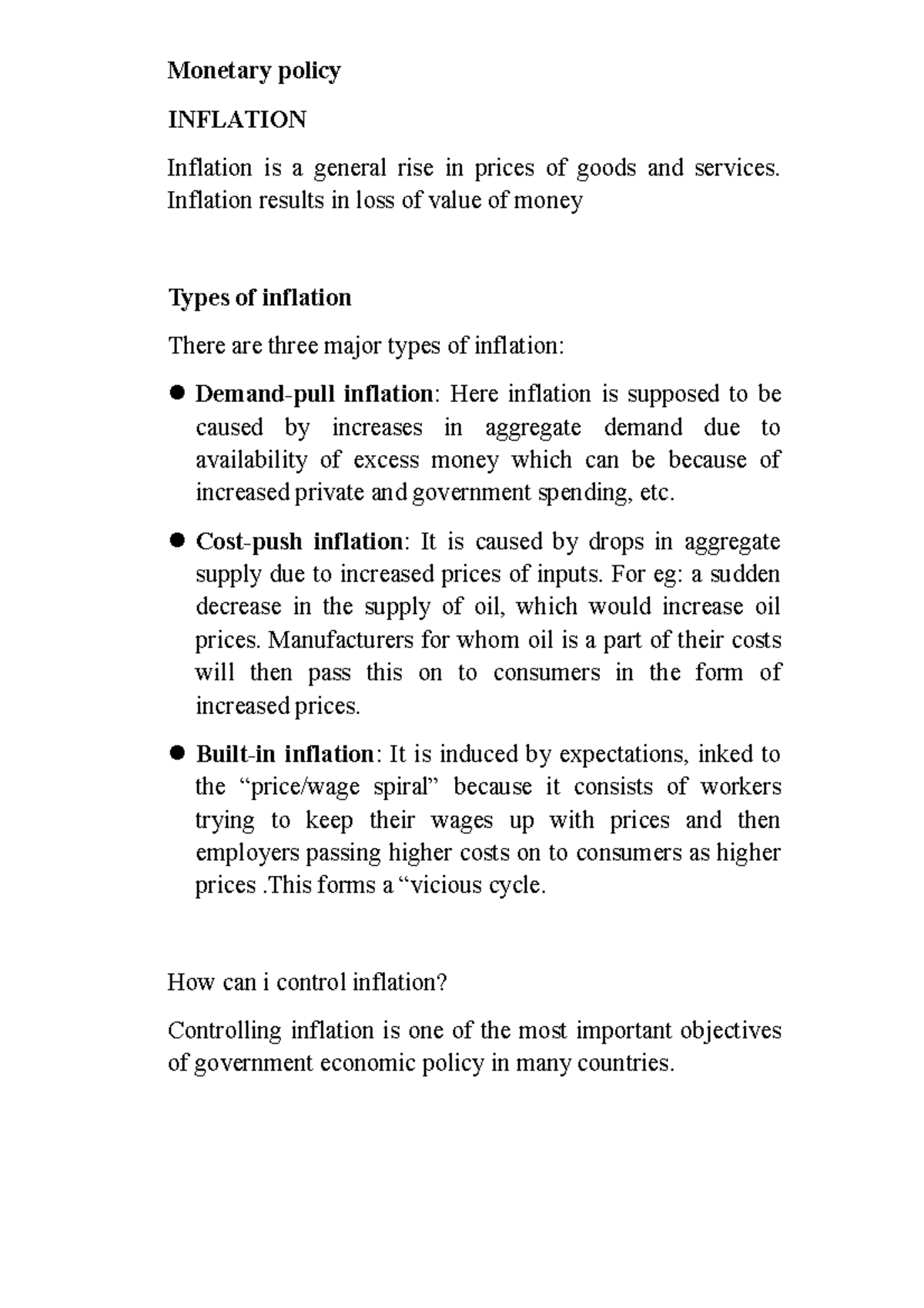 Inflation and Monetary policy - Monetary policy INFLATION Inflation is ...