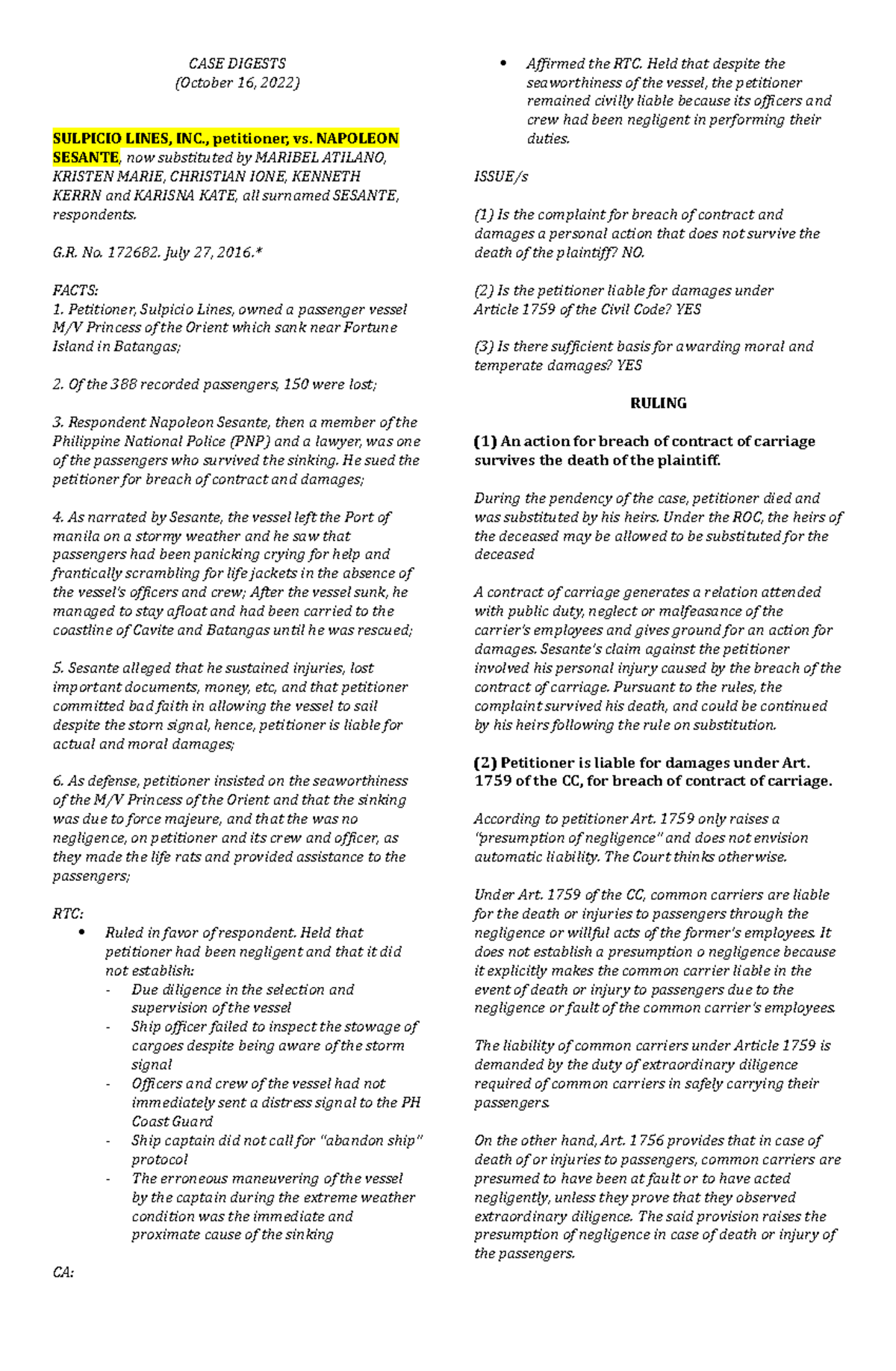 Sulpicio Lines vs Sesante - CASE DIGESTS (October 16, 2022) SULPICIO ...