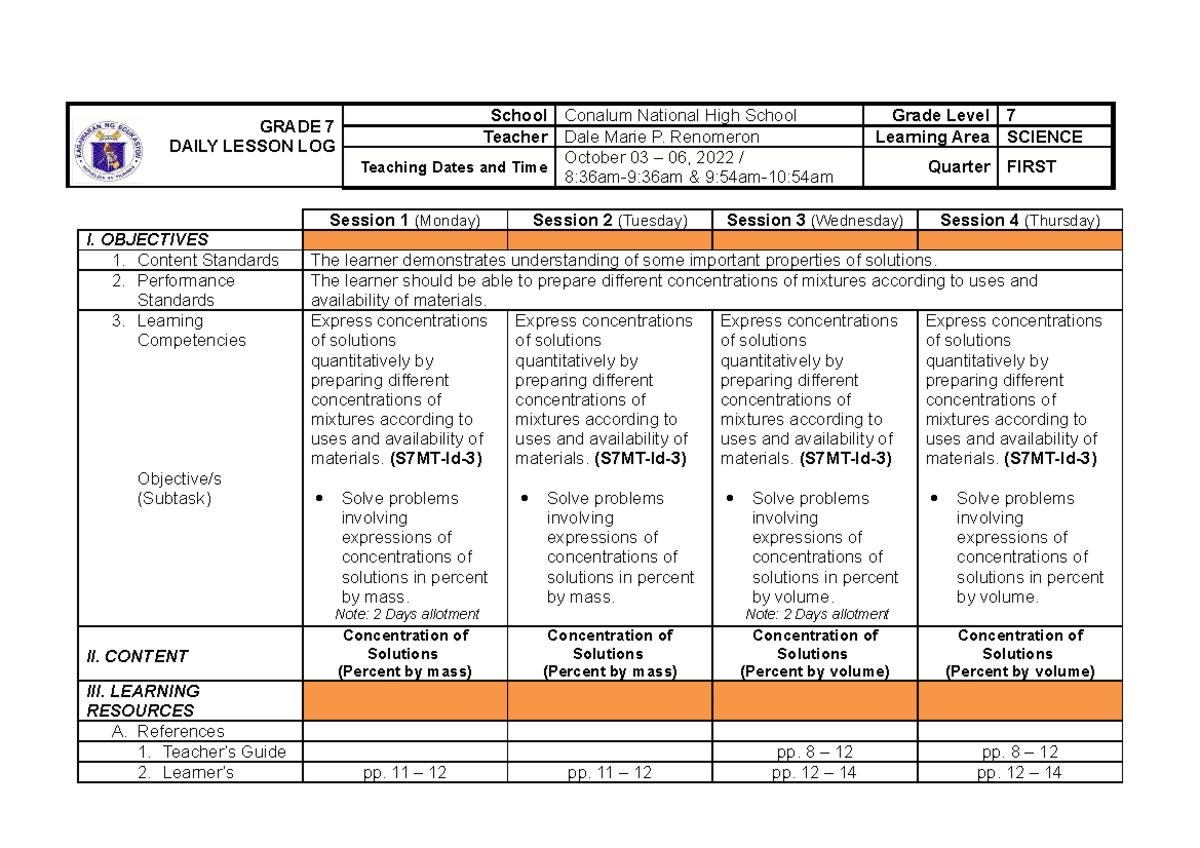 G7 DALE DLL Q1 WEEK7 - Lesson - GRADE 7 DAILY LESSON LOG School Conalum ...