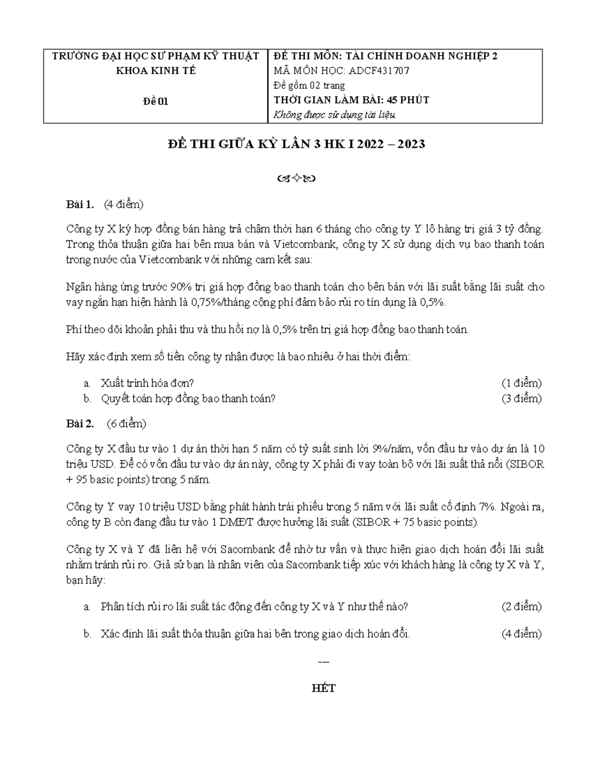 QT3 De 1 - BAI KIEM TRA QUA TRINH 3 MON TAI CHINH DOANH NGHIEP 2 ...