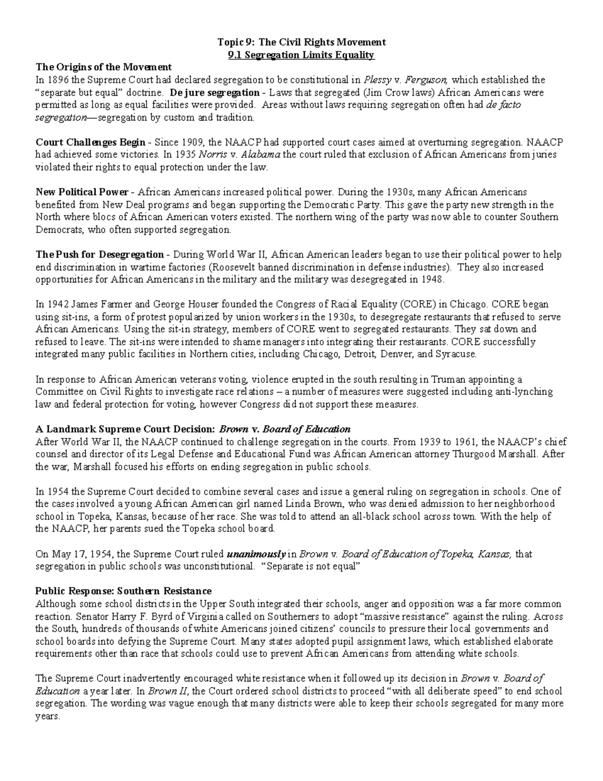 Topic 9 The Civil Rights Movement - Topic 9: The Civil Rights Movement ...