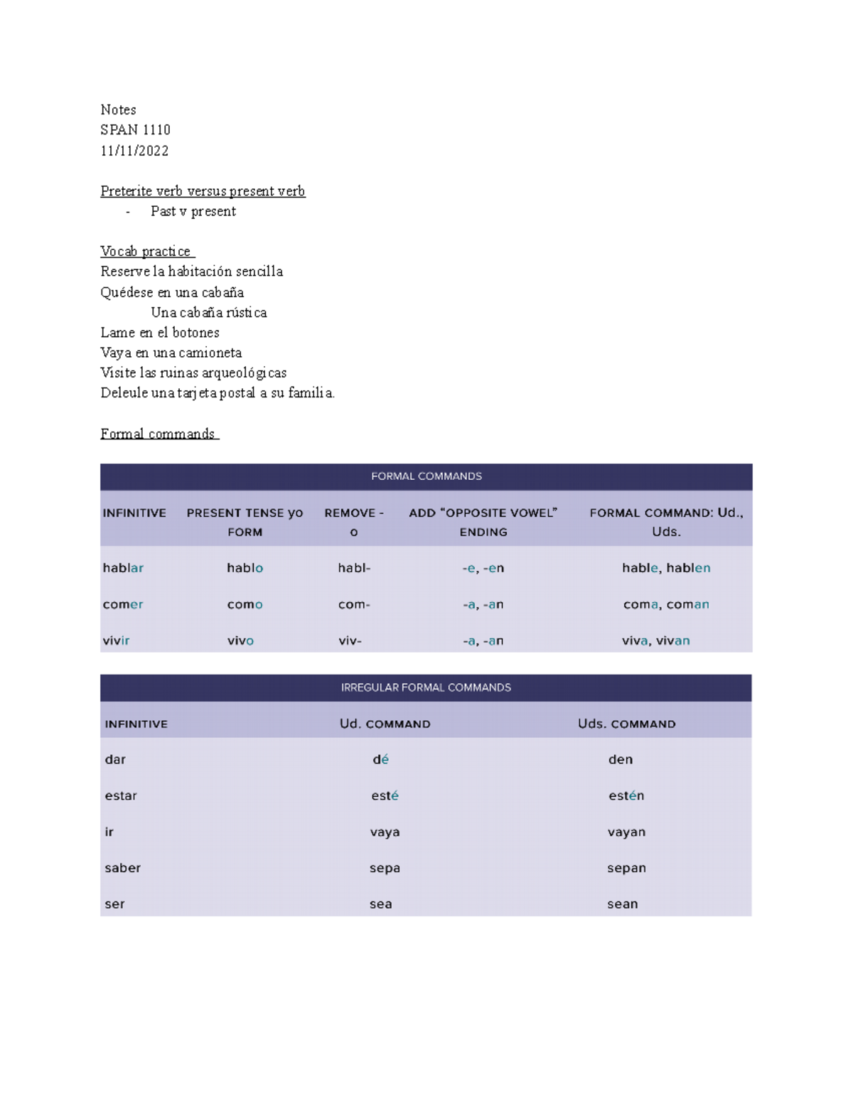 SPAN 11 11 22 - SPAN NOTES - Notes SPAN 1110 11/11/ Preterite verb ...