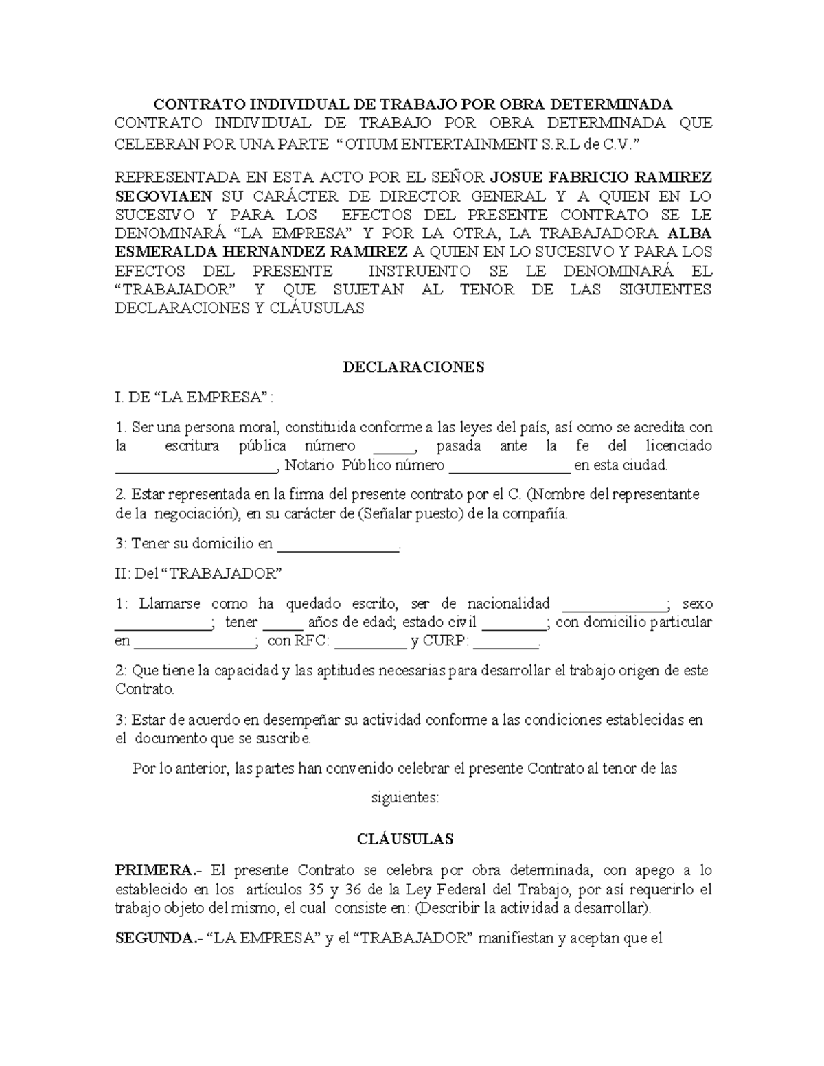 Contrato individual de trabajo por obra determinada - CONTRATO INDIVIDUAL DE TRABAJO POR OBRA ...