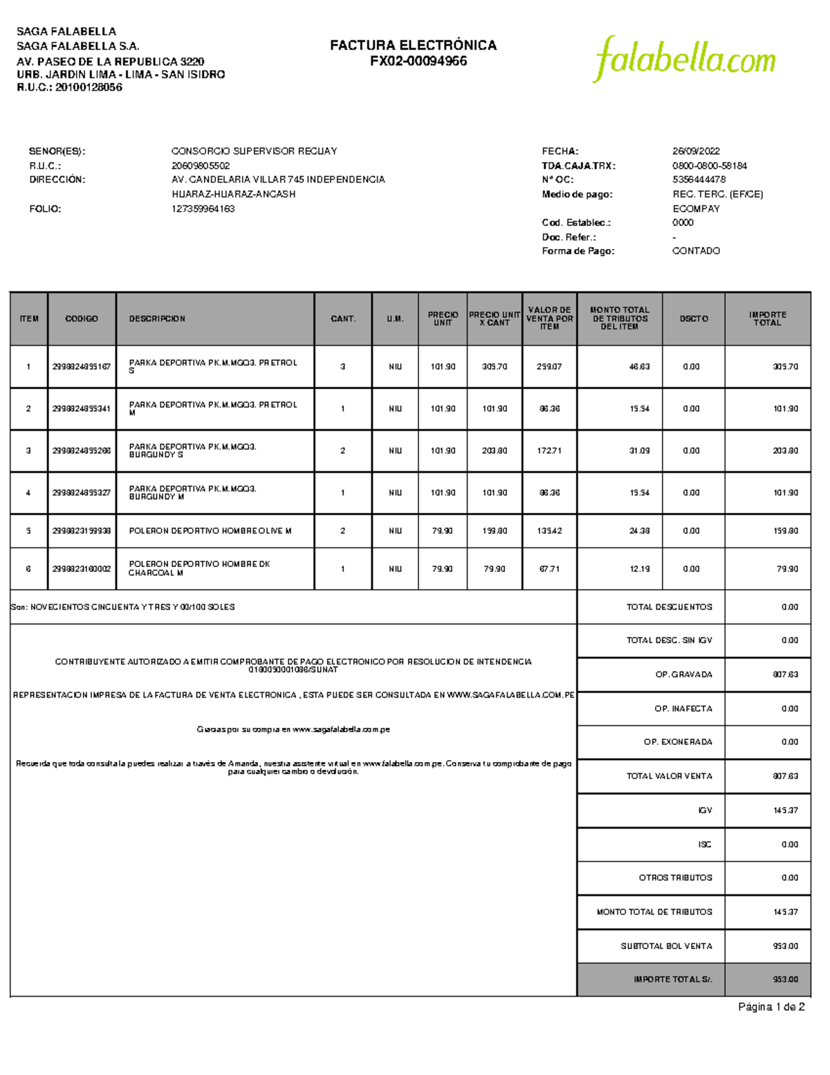 Modelo factura Fala - SAGA FALABELLA SAGA FALABELLA S. FACTURA ...