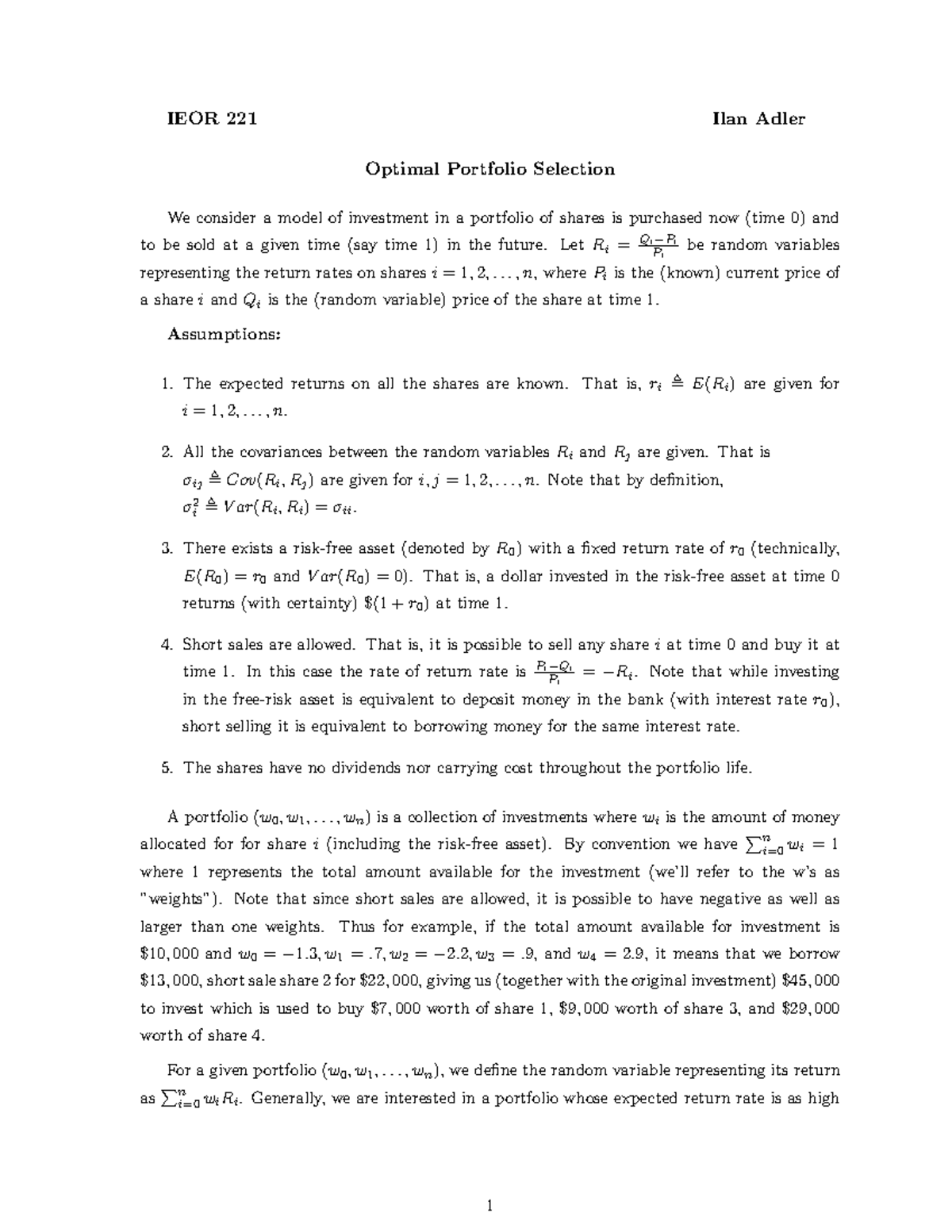 Ie221-portfolio 06 - Lecture notes Chapter 6 - IEOR 221 Ilan Adler ...