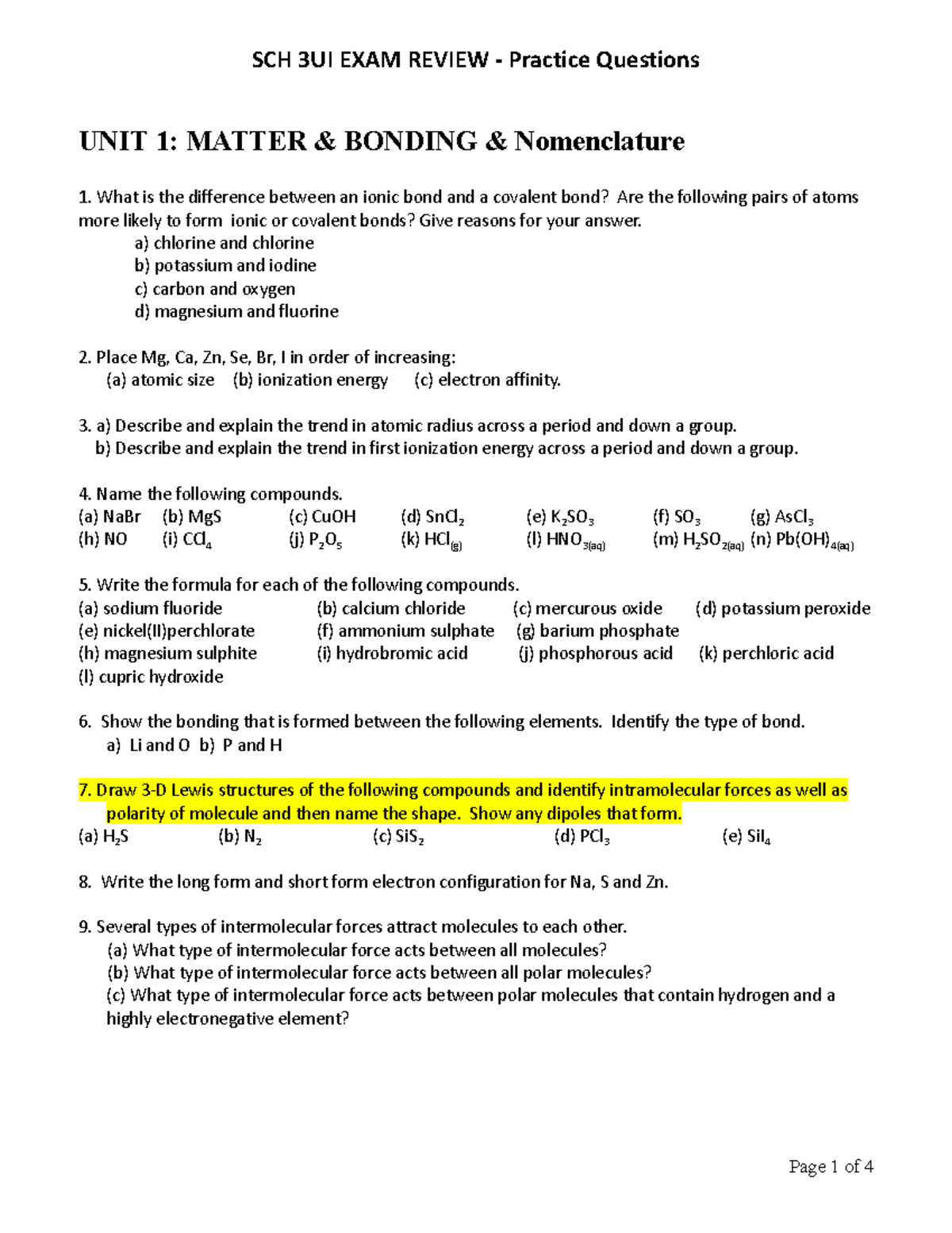 Exam Review (No Electrochem in this review) - SCH 3UI EXAM REVIEW ...