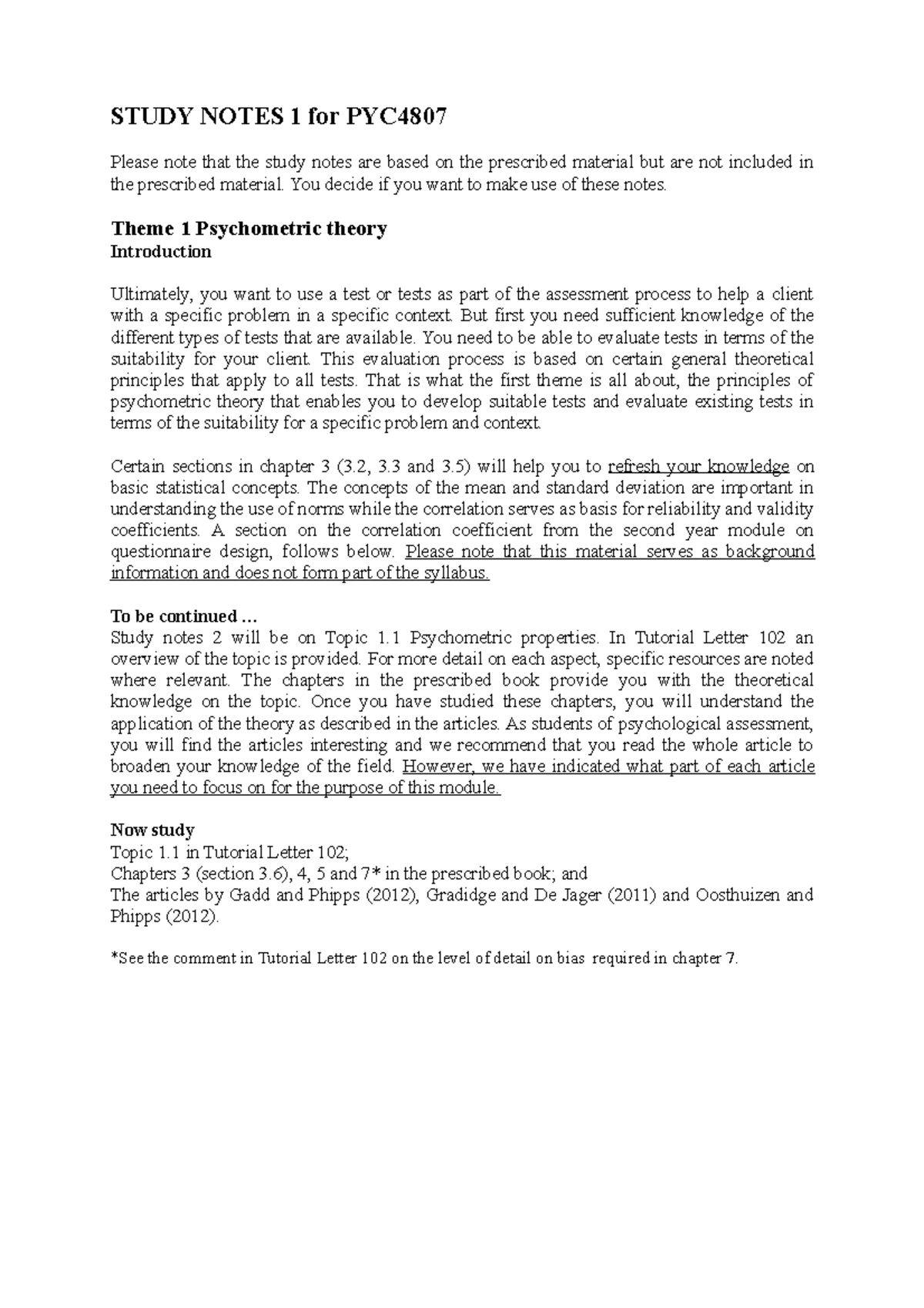 Study Notes 1 for PYC4807 - STUDY NOTES 1 for PYC Please note that the ...