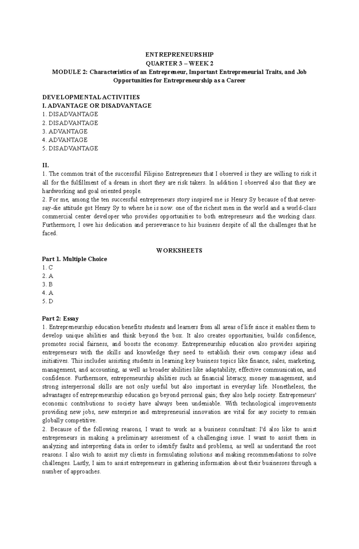 Entrepreneurship Module 2 Answer - ENTREPRENEURSHIP QUARTER 3 – WEEK 2 ...
