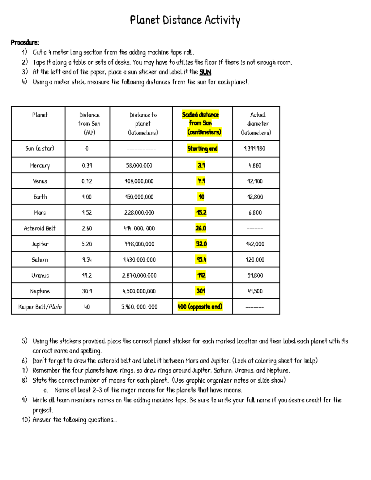 Copy of Planet Distance Activity - Planet Distance Activity Procedure ...