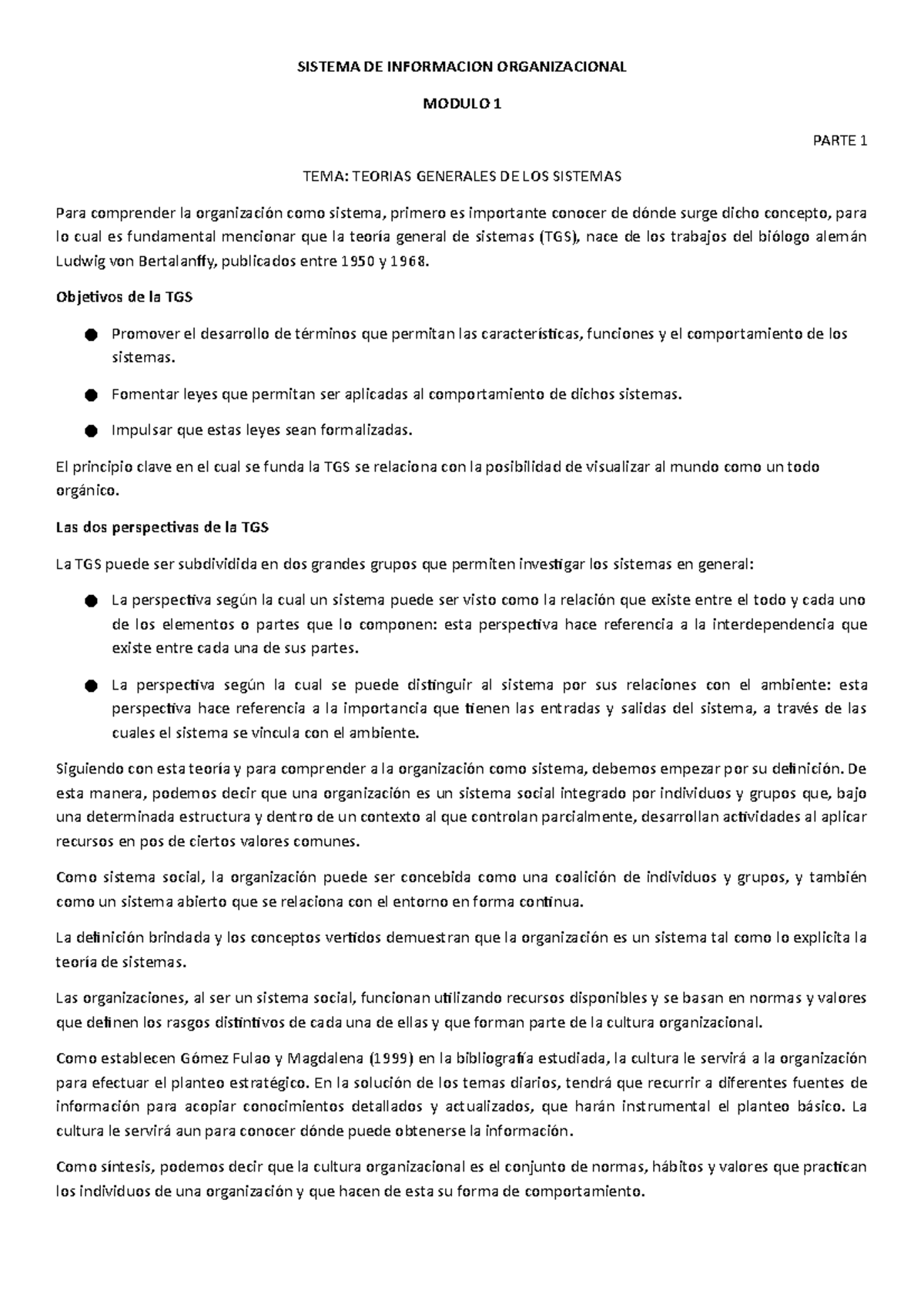 Modulo 1 - SISTEMA DE INFORMACION ORGANIZACIONAL MODULO 1 PARTE 1 TEMA: TEORIAS GENERALES DE LOS ...