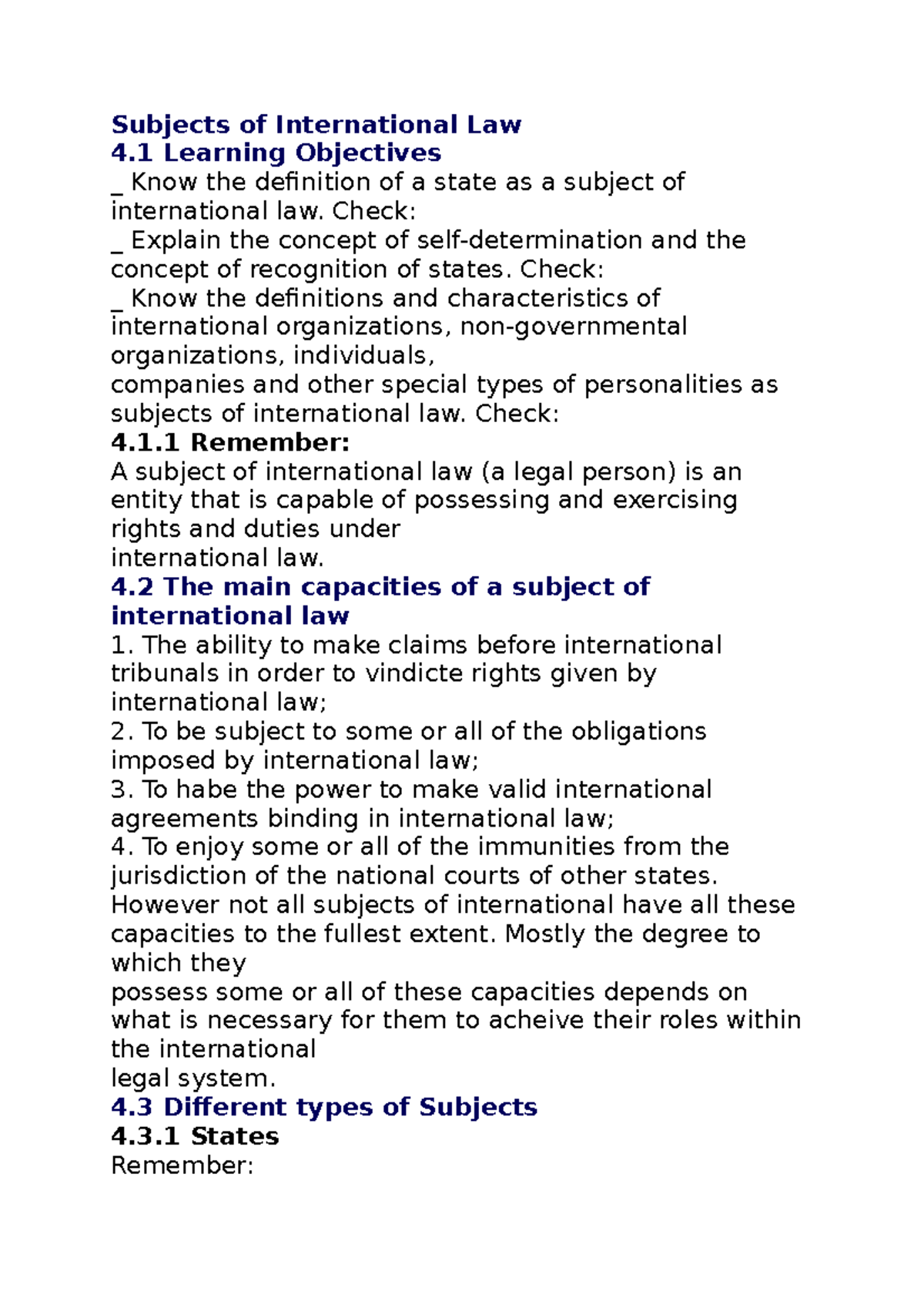 Subjects of International Law - Check: _ Explain the concept of and the ...