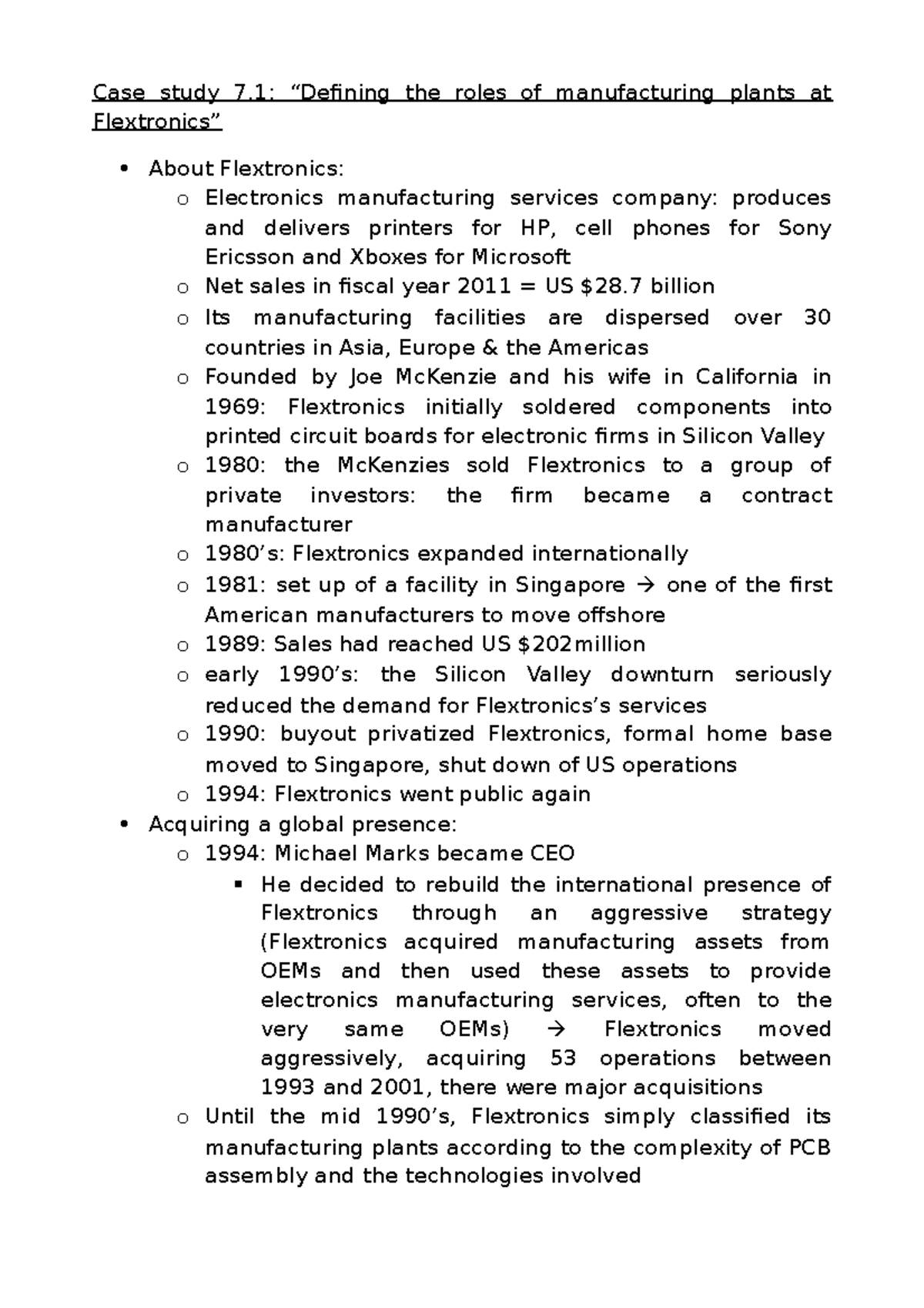 Case 7.1 - boek - Case study 7: the roles of manufacturing plants at ...