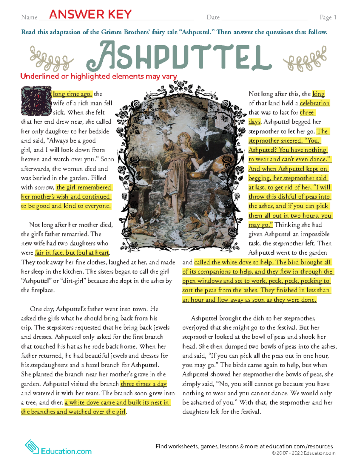 Ashputtel answer key - reading comp - Name