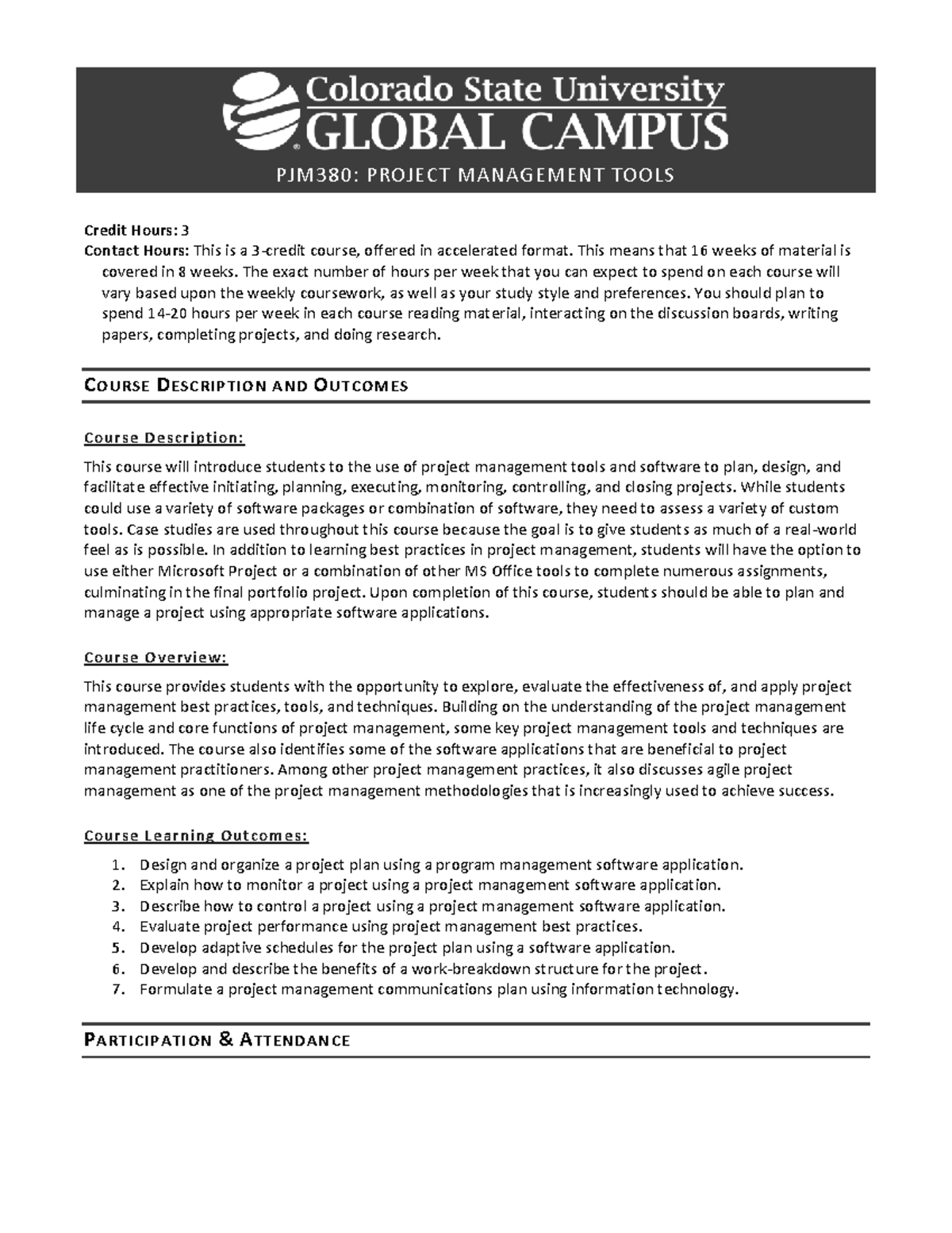 PJM380 CV Syllabus - PJM380: PROJECT MANAGEMENT TOOLS Credit Hours: 3 ...