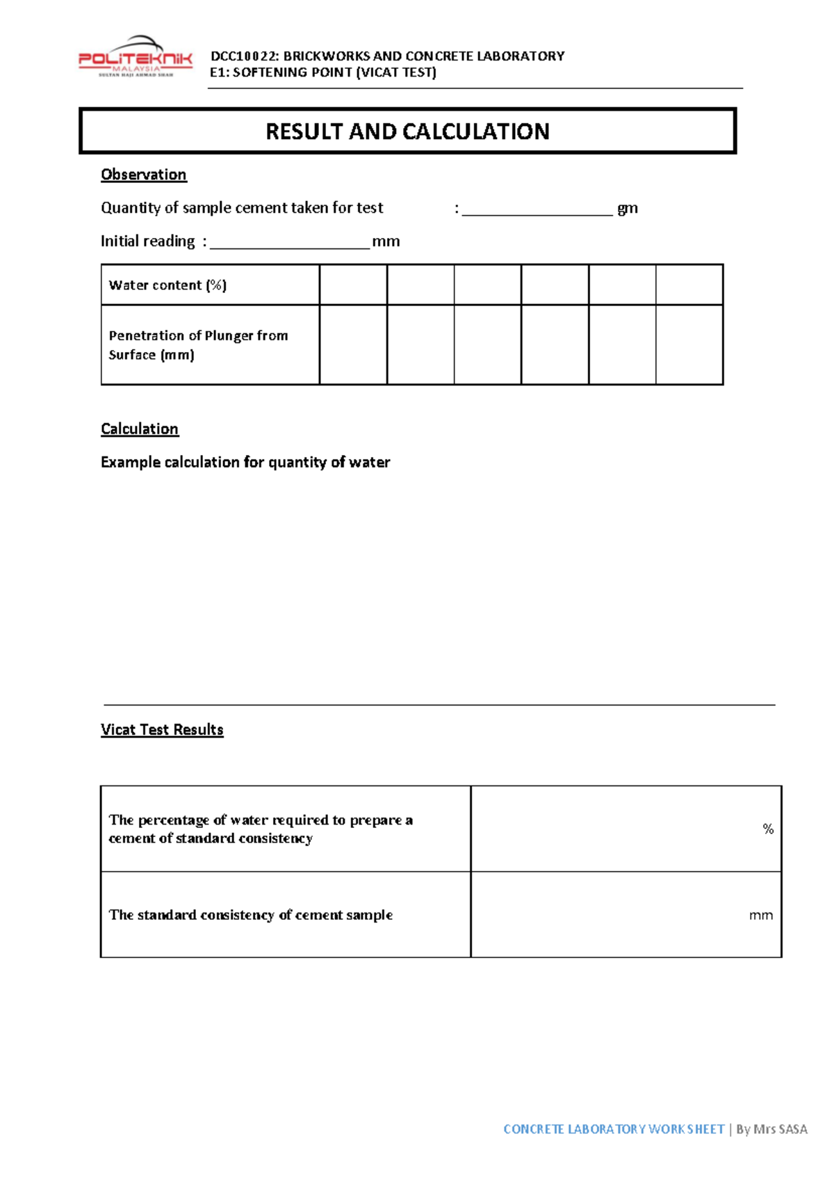 Vicat TEST WORK Sheet - example - CONCRETE LABORATORY WORK SHEET | By ...