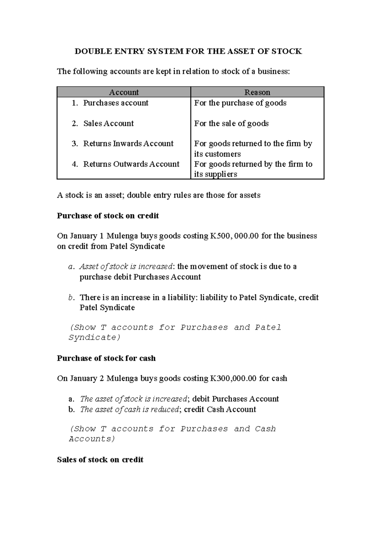 Double Entry System FOR THE Asset OF Stock - DOUBLE ENTRY SYSTEM FOR ...