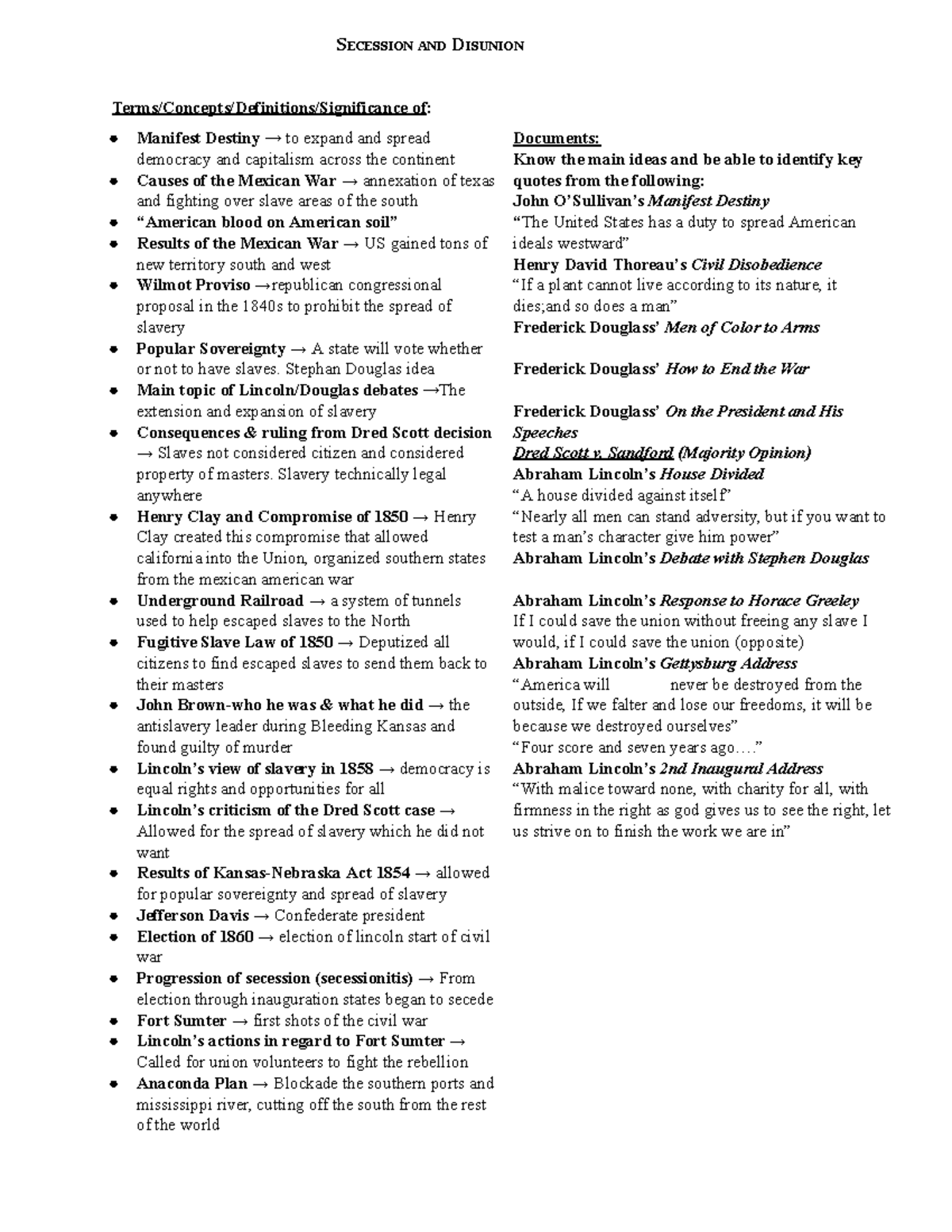 secession and Disunion - SECESSION AND DISUNION Terms/Concepts ...