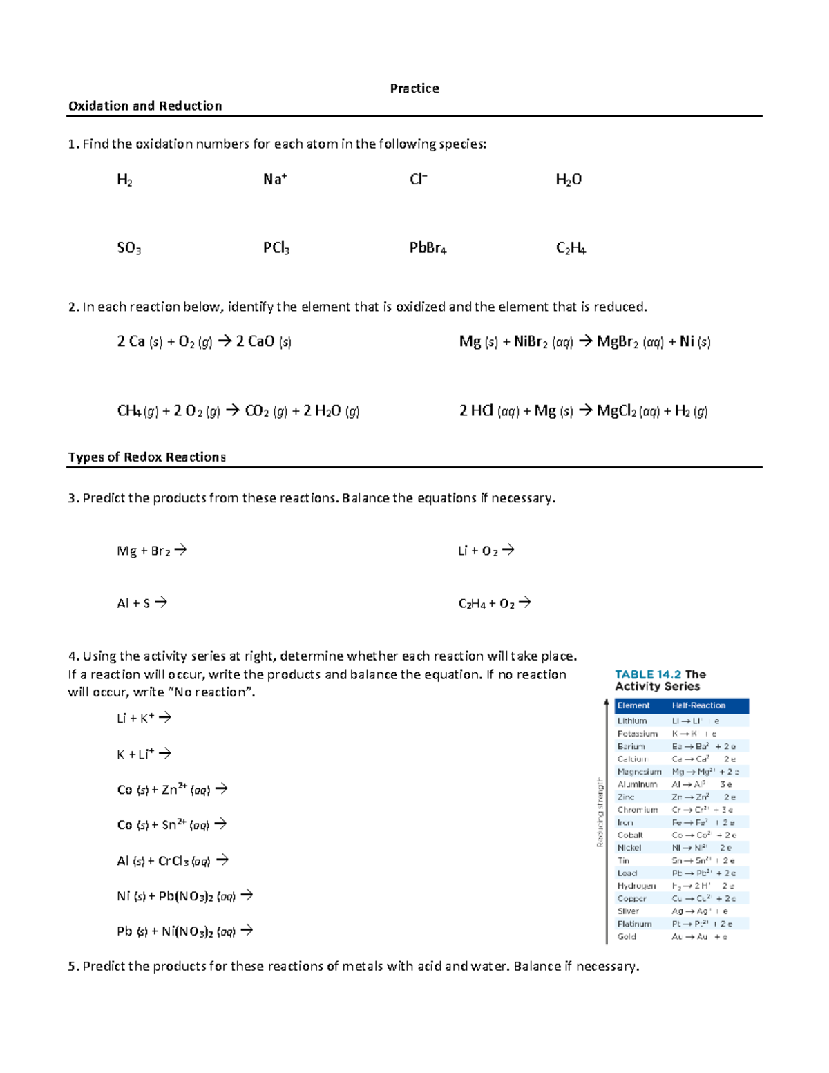 Redox Rxns Extra Practice - Practice Oxidation and Reduction 1. Find ...