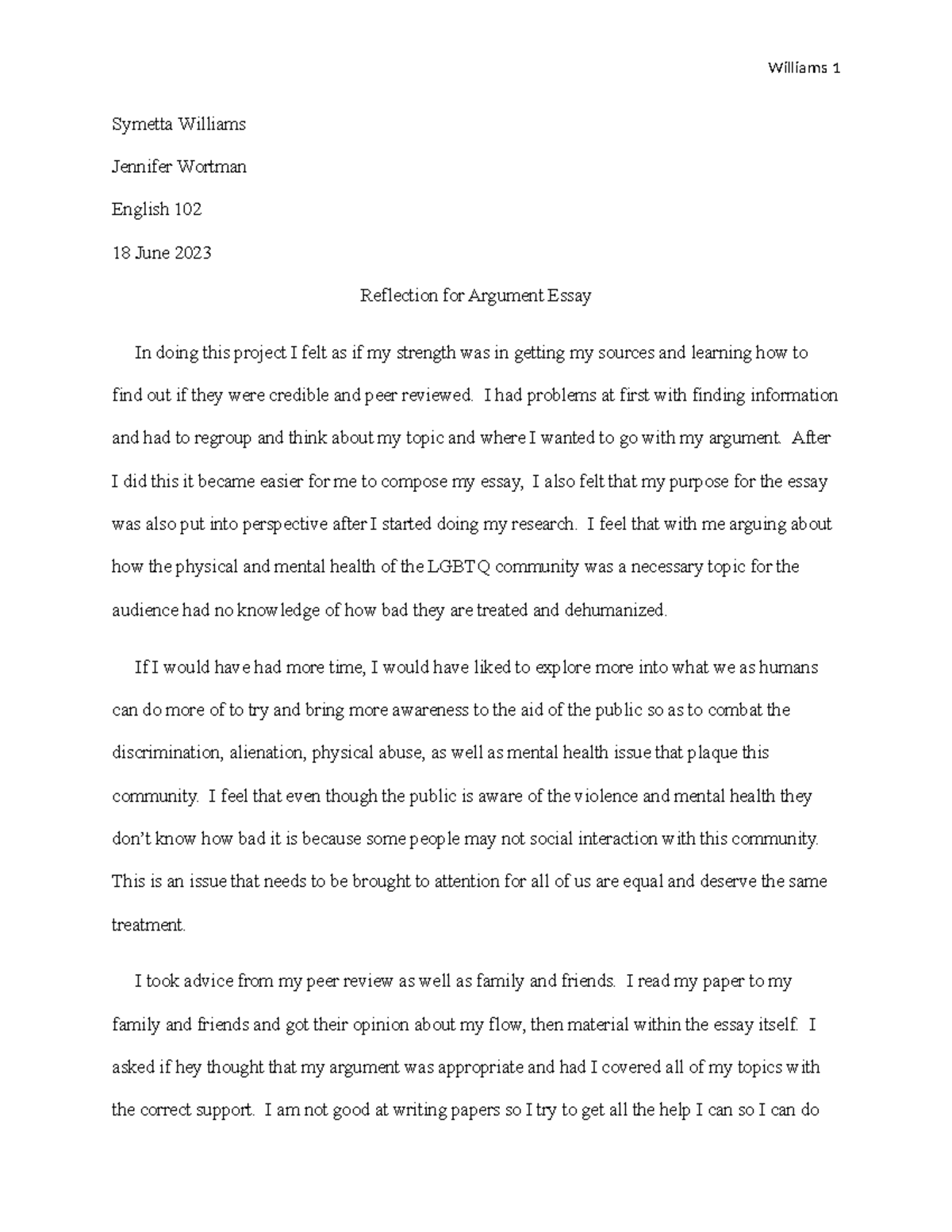 Symetta William 2 Reflection for Argument Essay - Williams 1 Symetta ...