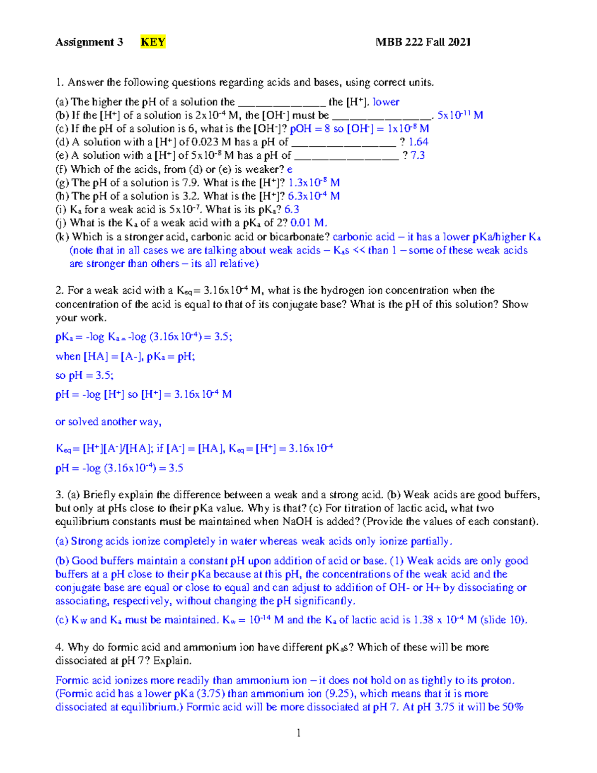 Assignment 3 Key - Answer the following questions regarding acids and ...