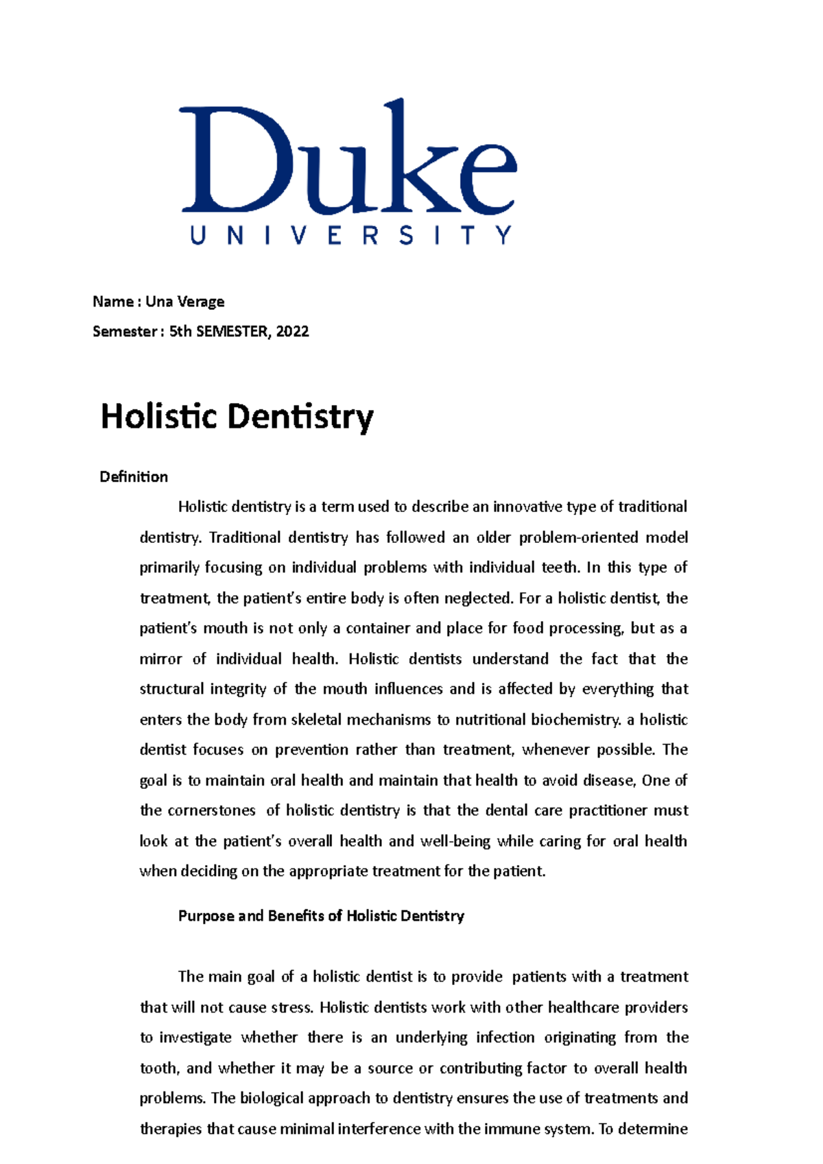 Lecture Notes Holistic Dentistry Dentistry - Name : Una Verage Semester ...