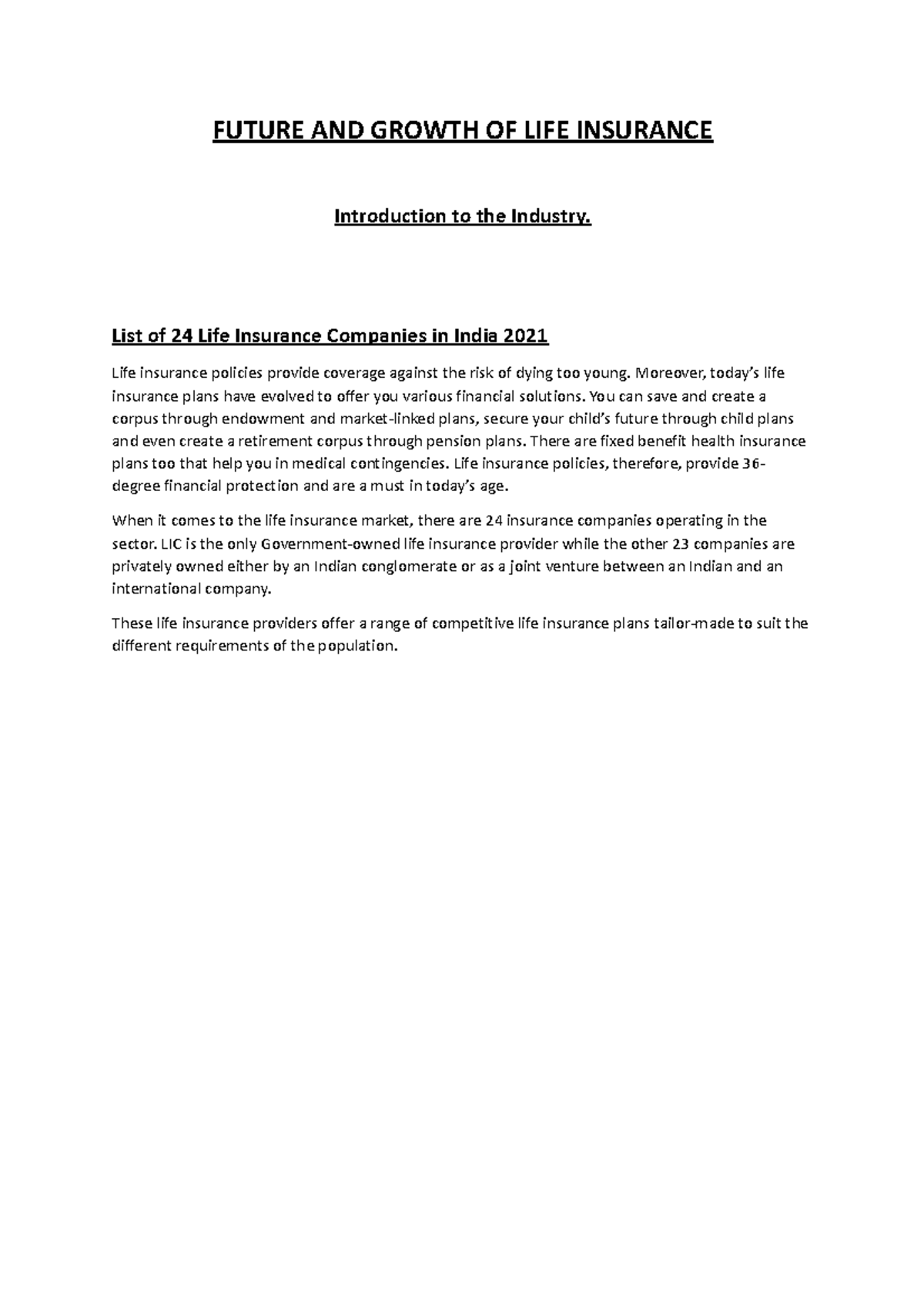 Future AND Growth OF LIFE Insurance report - FUTURE AND GROWTH OF LIFE ...