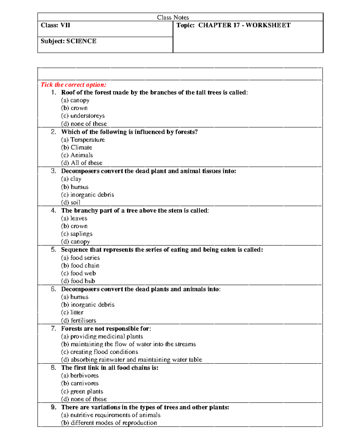 7-evs - evs - Class Notes Class: VII Topic: CHAPTER 17 - WORKSHEET ...