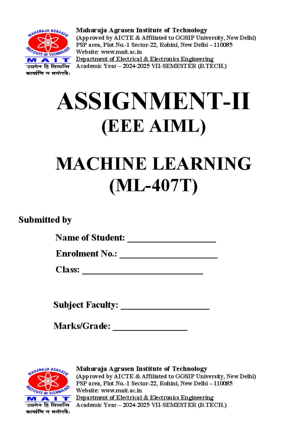 ML Assignment-II - Machine learning assignment -2 - Maharaja Agrasen Institute of Technology ...