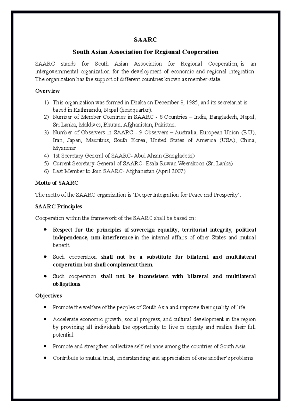 Group 5 - Saarc Notes - SAARC South Asian Association for Regional ...