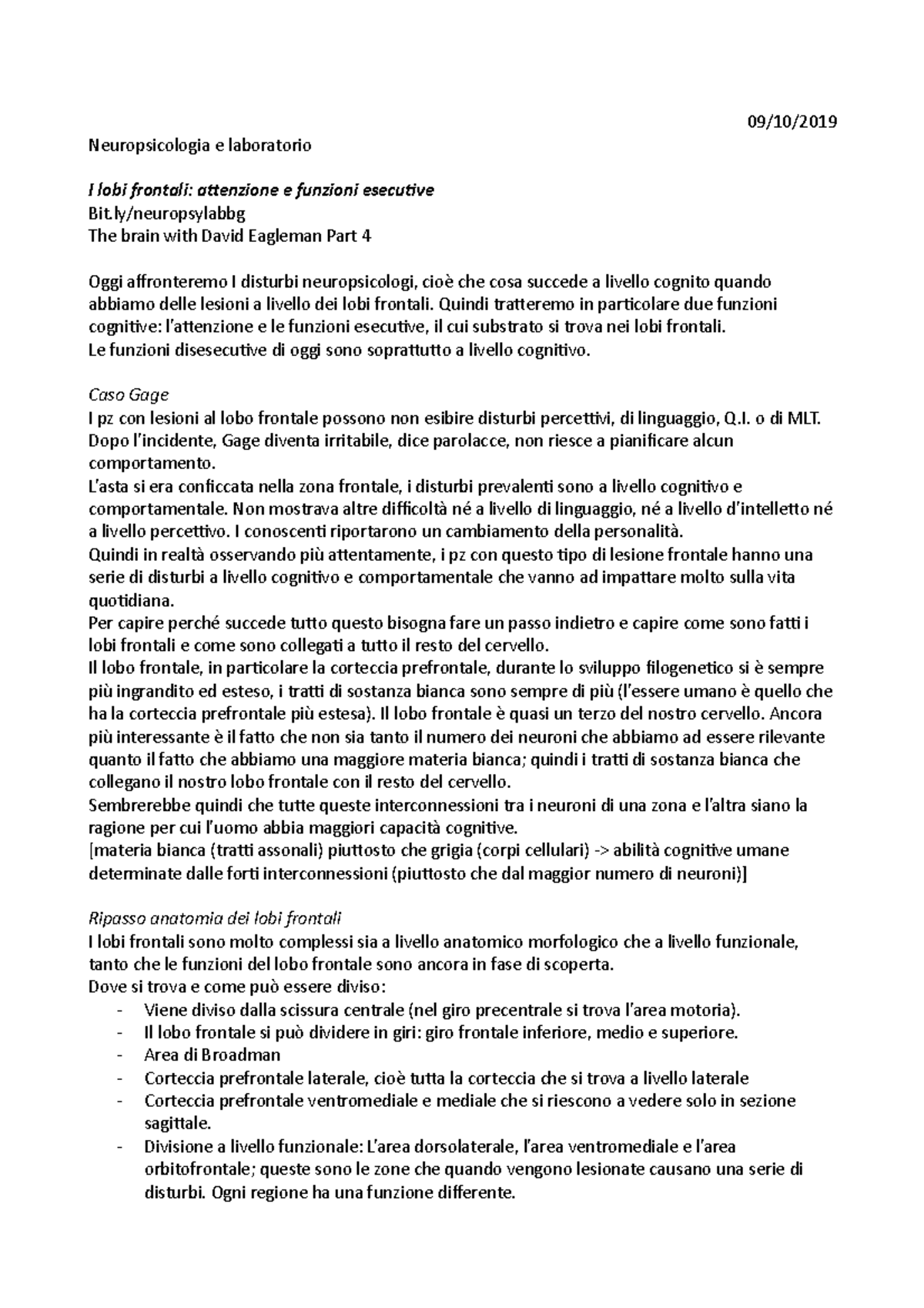 I lobi frontali attenzione e funzioni esecutive appunti - 09/10 ...