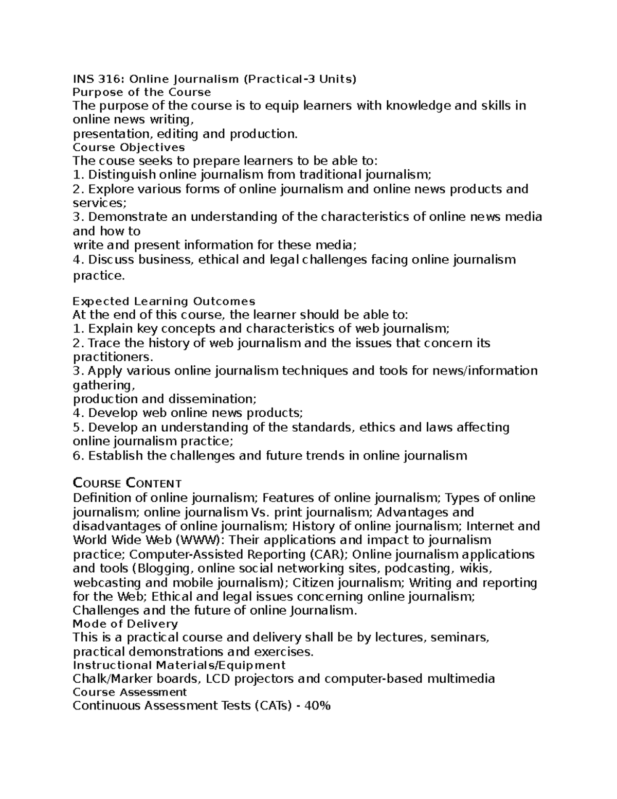 Online Journalism - Lecture notes 1 - INS 316: Online Journalism ...