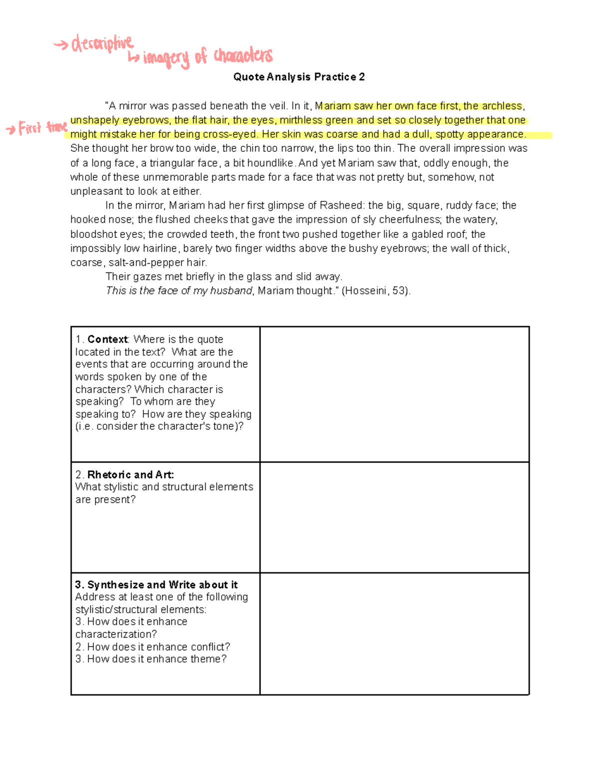 Quote Analysis Practice 2 and 3 - Quote Analysis Practice 2 “A mirror ...