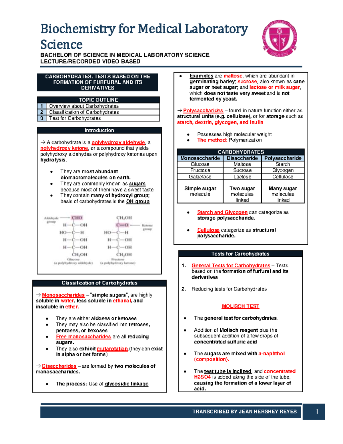Laboratory Lesson 3 Carbohydrates - Biochemistry for Medical Laboratory ...