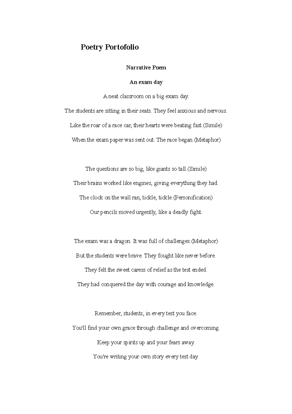 Poetry Portofolio - poem - Poetry Portofolio Narrative Poem An exam day ...
