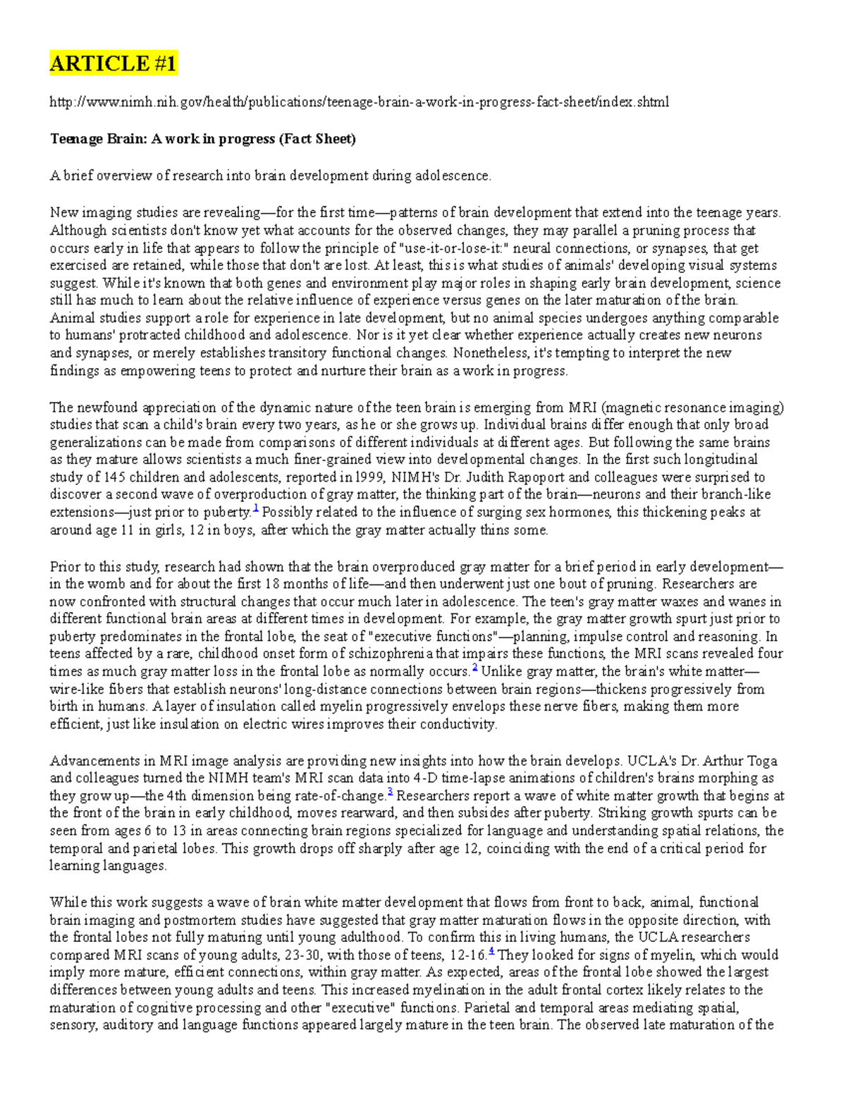 Articles about the teen brain - ARTICLE - Studocu