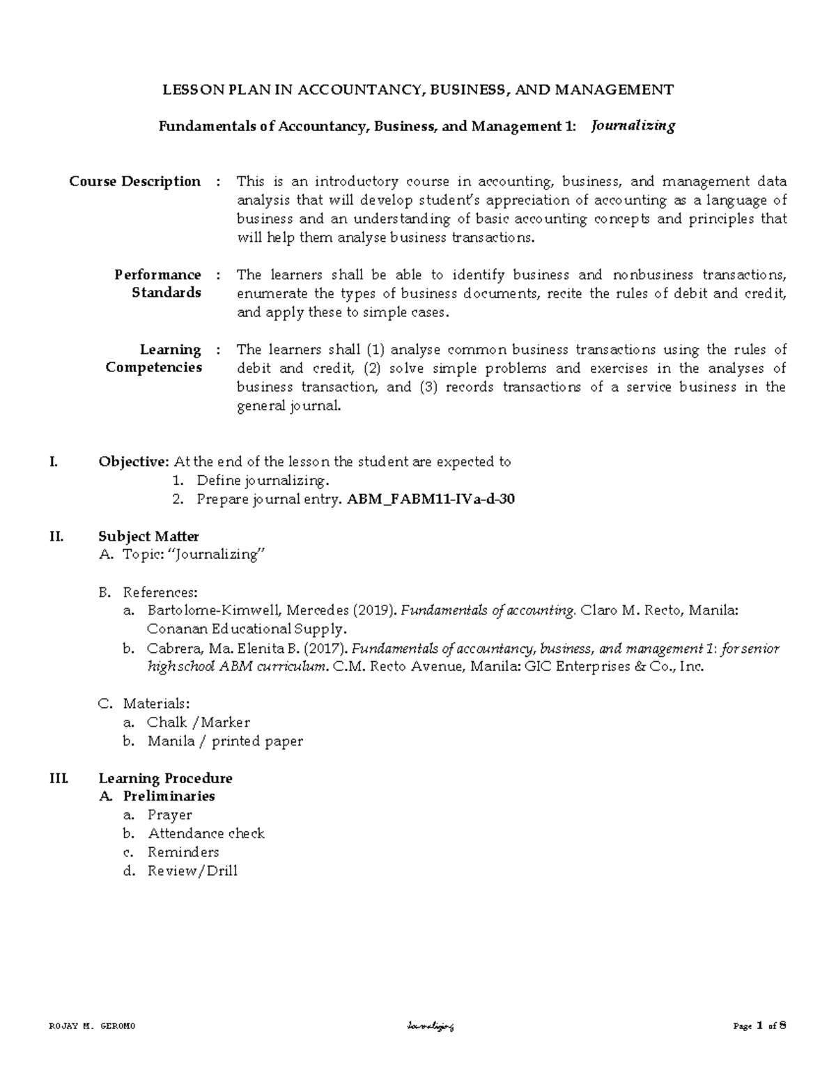 Detailed Lesson Plan in Journalizing - LESSON PLAN IN ACCOUNTANCY ...