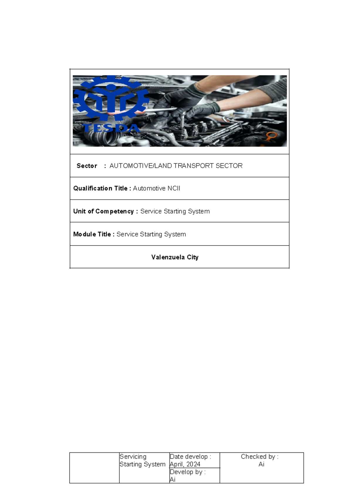 CBLM Front page sample - Servicing Starting System Date develop : April, 2024 Checked by : Ai ...