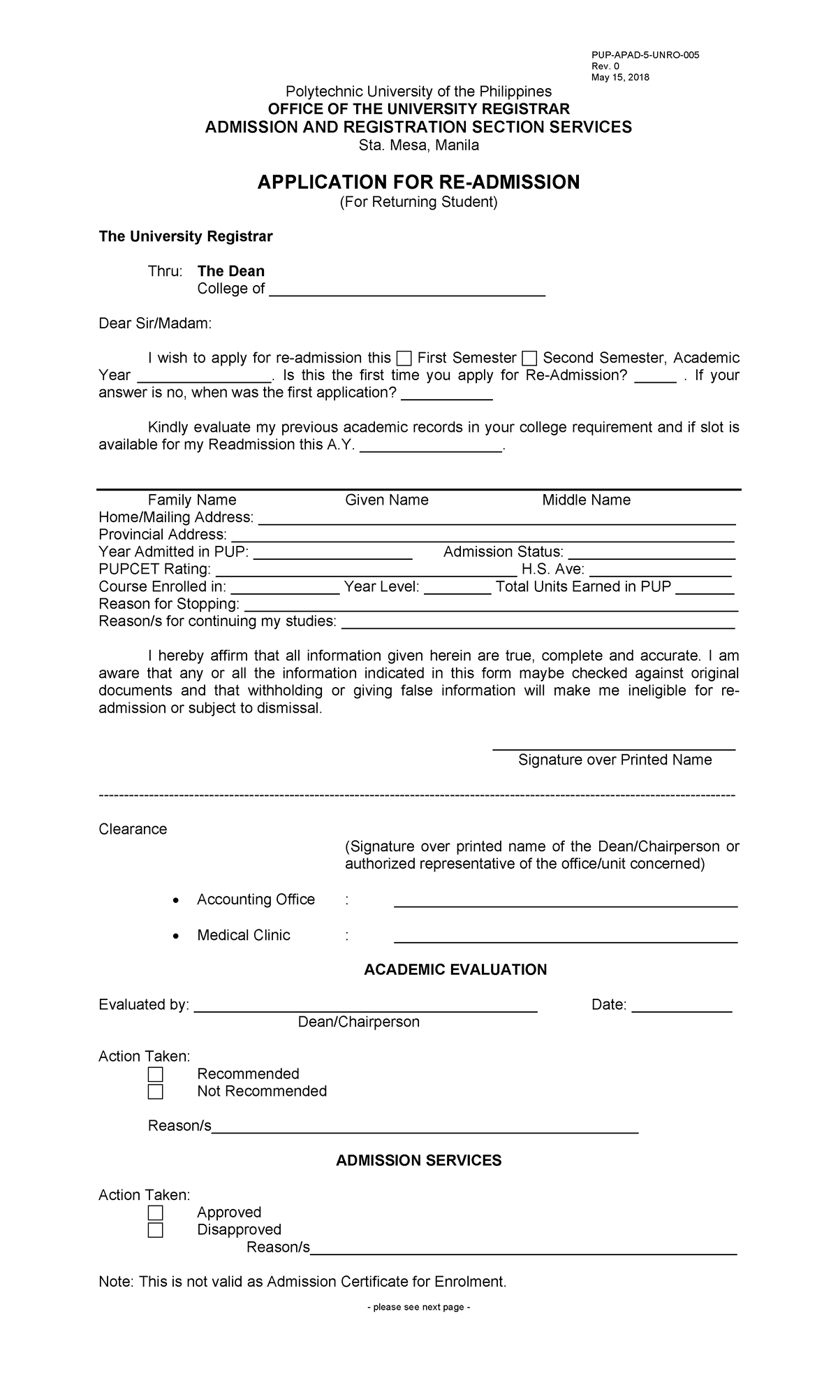 PUP Application for Re-admission - PUP-APAD-5-UNRO- Rev. 0 May 15, 2018 ...
