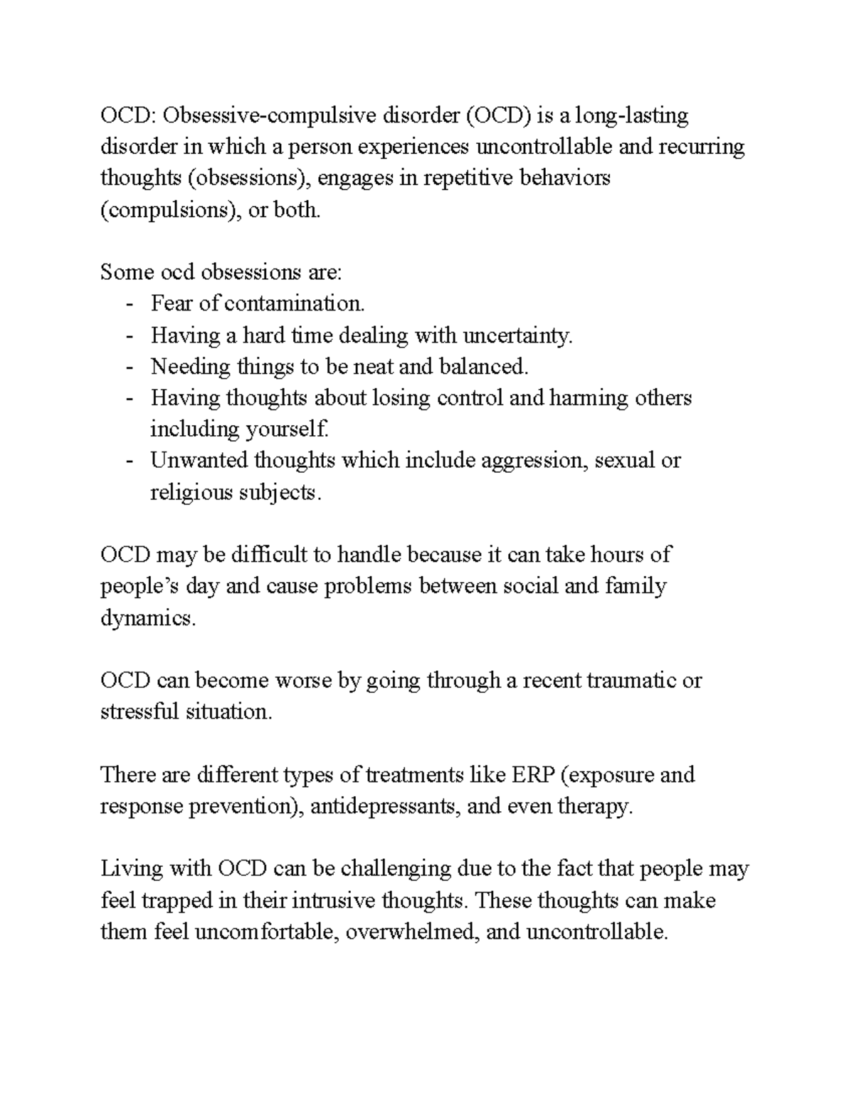 OCD - OCD notes - OCD: Obsessive-compulsive disorder (OCD) is a long ...