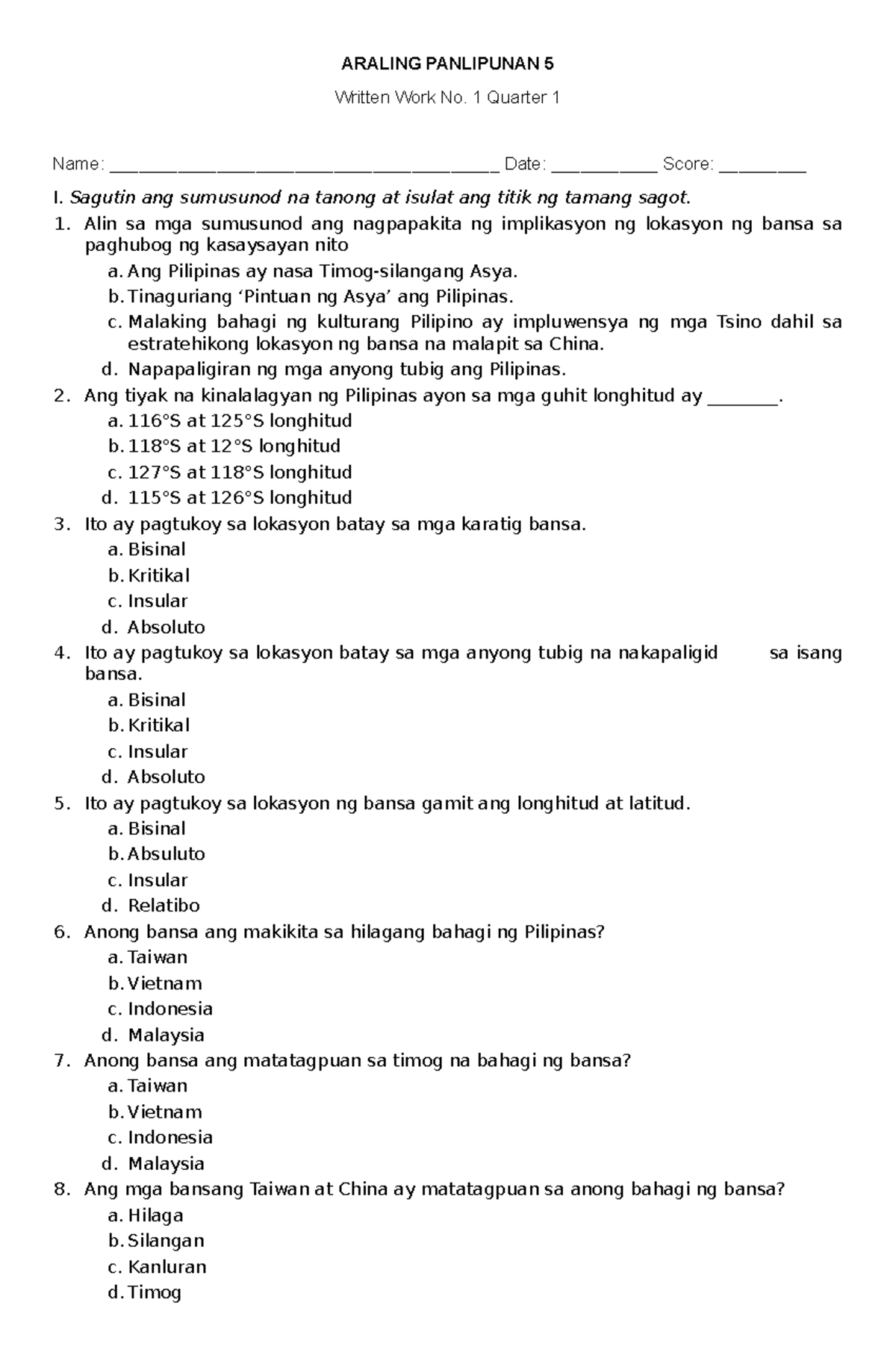Grade 5 Summative Test in AP Modules 1-3 - ARALING PANLIPUNAN 5 Written ...