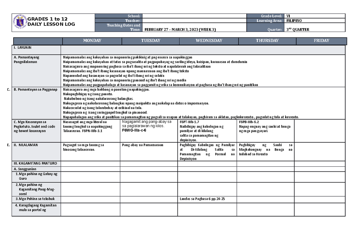 DLL Filipino 6 Q3 W3 - GRADES 1 to 12 DAILY LESSON LOG School: Grade Level: VI Teacher: Learning ...