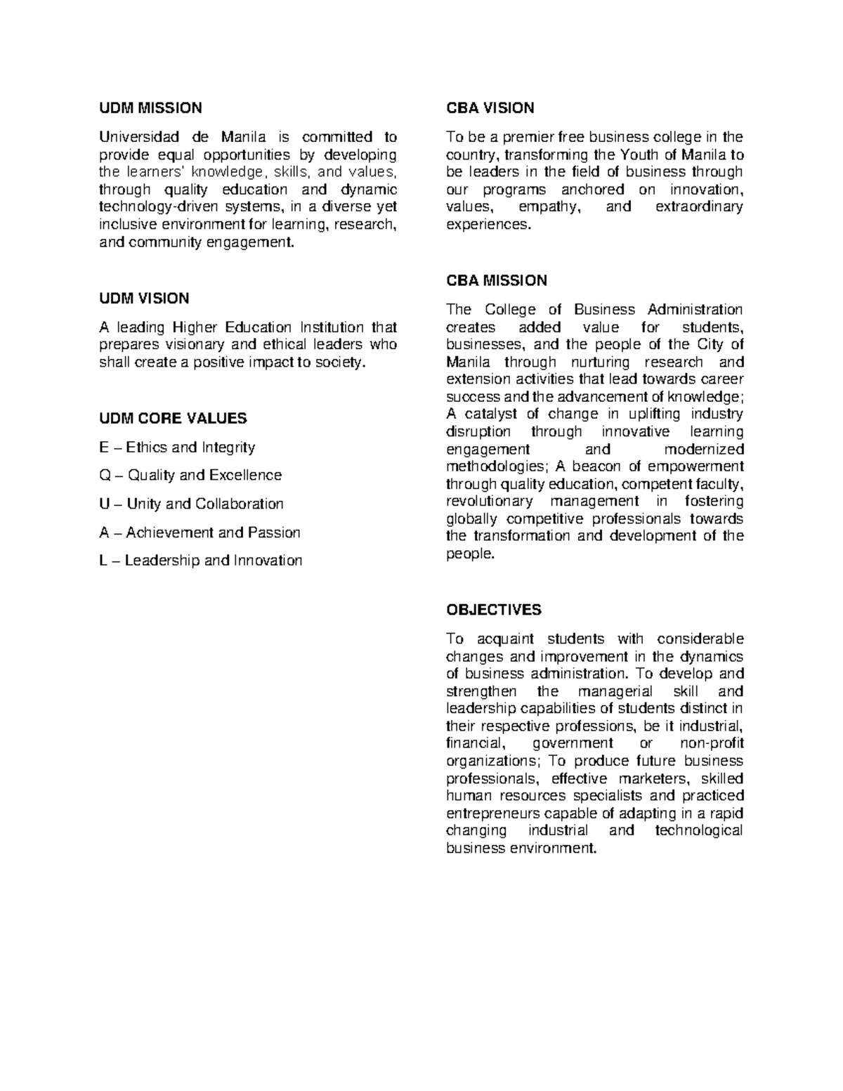 UDM Mission, Vision, CORE Values - UDM MISSION Universidad de Manila is ...